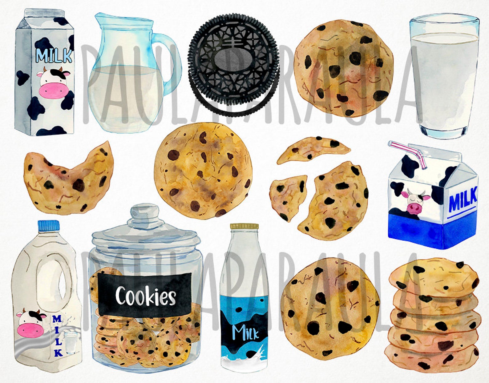 Watercolor Milk and Cookies Clipart, Milk Clipart, Cookies Clipart ...