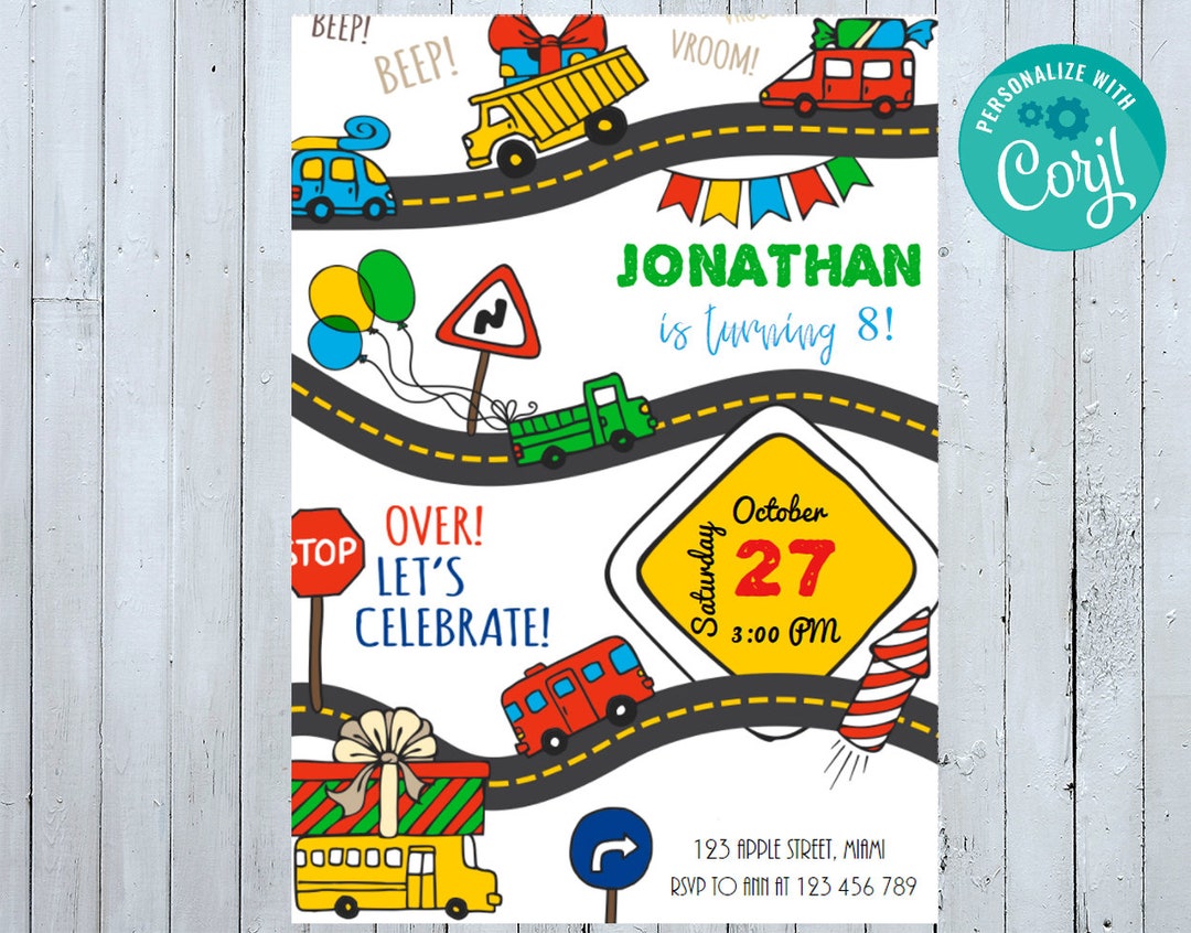 Editable Transport Birthday Invitation, Traffic Birthday Invitation ...