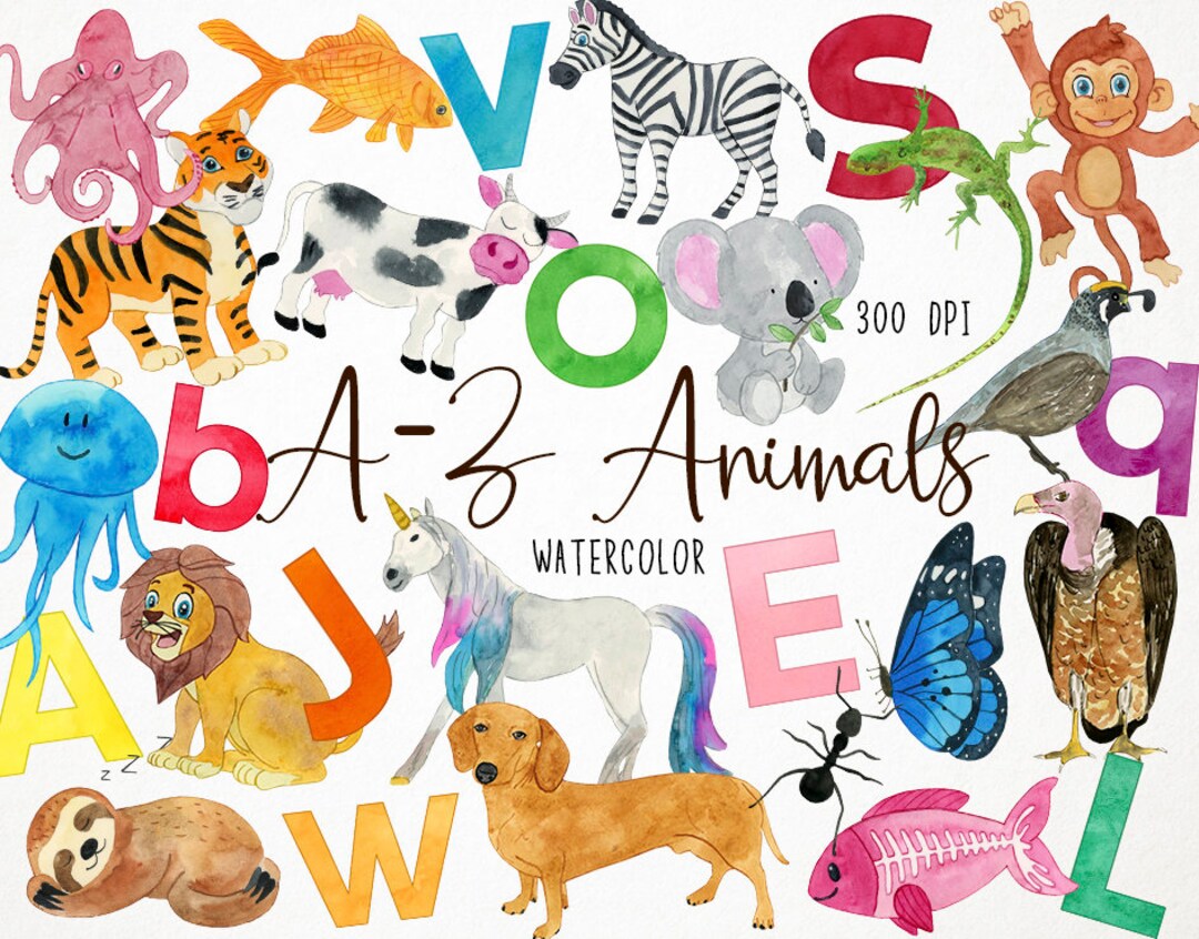 Watercolor Animal Alphabet Clipart, Animals A-Z Clipart, Zoo Clipart ...
