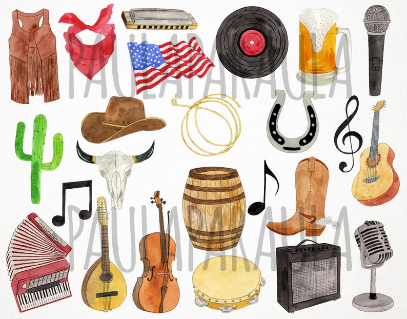 Watercolor Country Music Clipart Country Clipart Country - Etsy