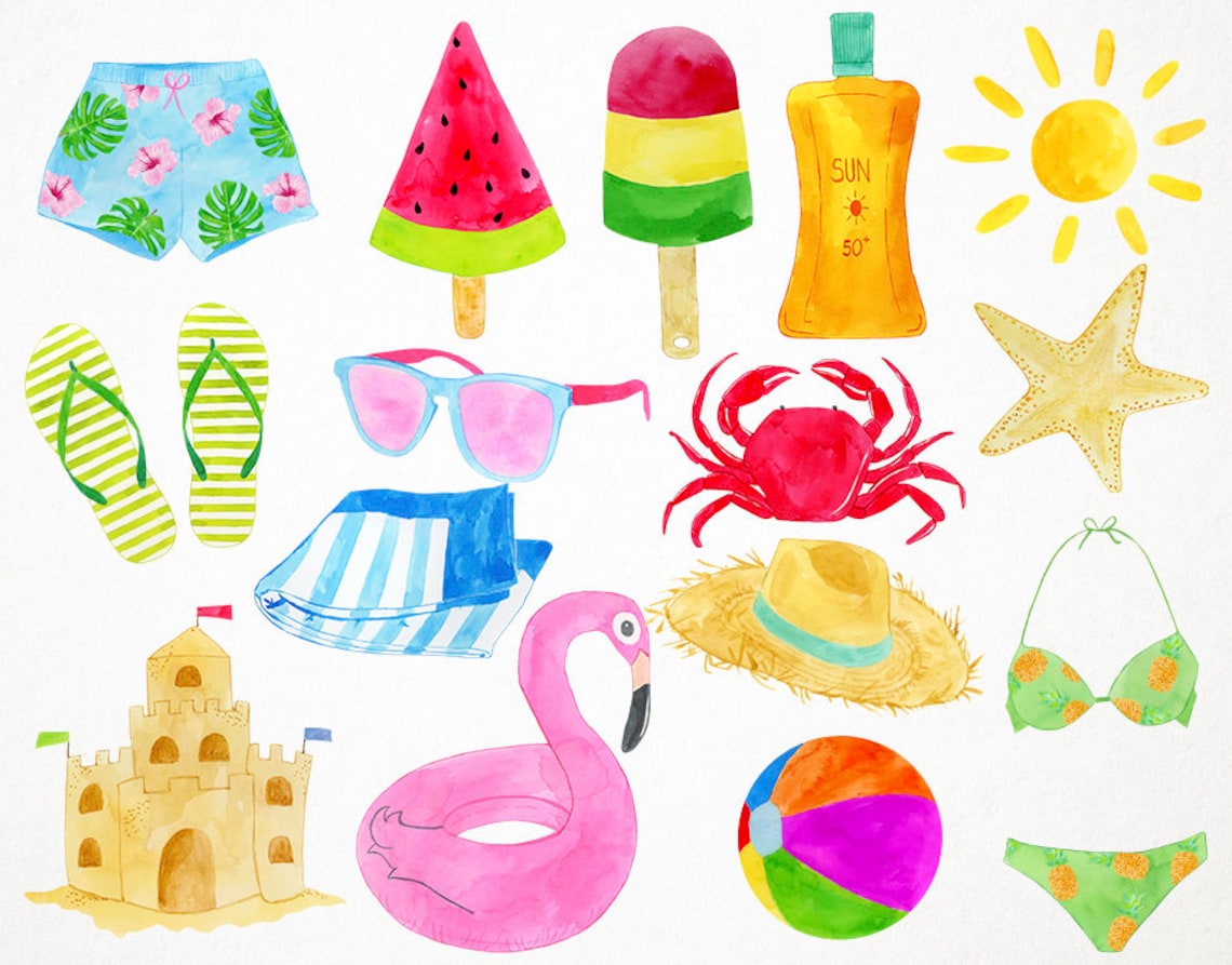 Summer Clipart, Beach Clipart, Watercolor Beach Clipart, Beach Clip Art ...