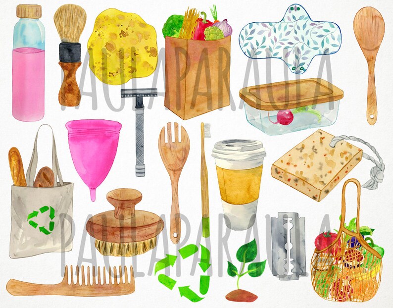 Watercolor Zero Waste Clipart, Eco Friendly Clipart, Sustainable ...