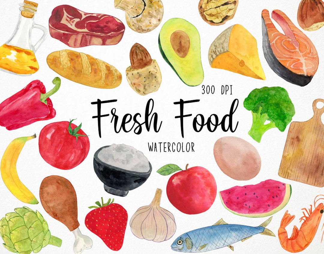 Watercolor Fresh Food Clipart, Organic Food Clipart, Healthy Food ...