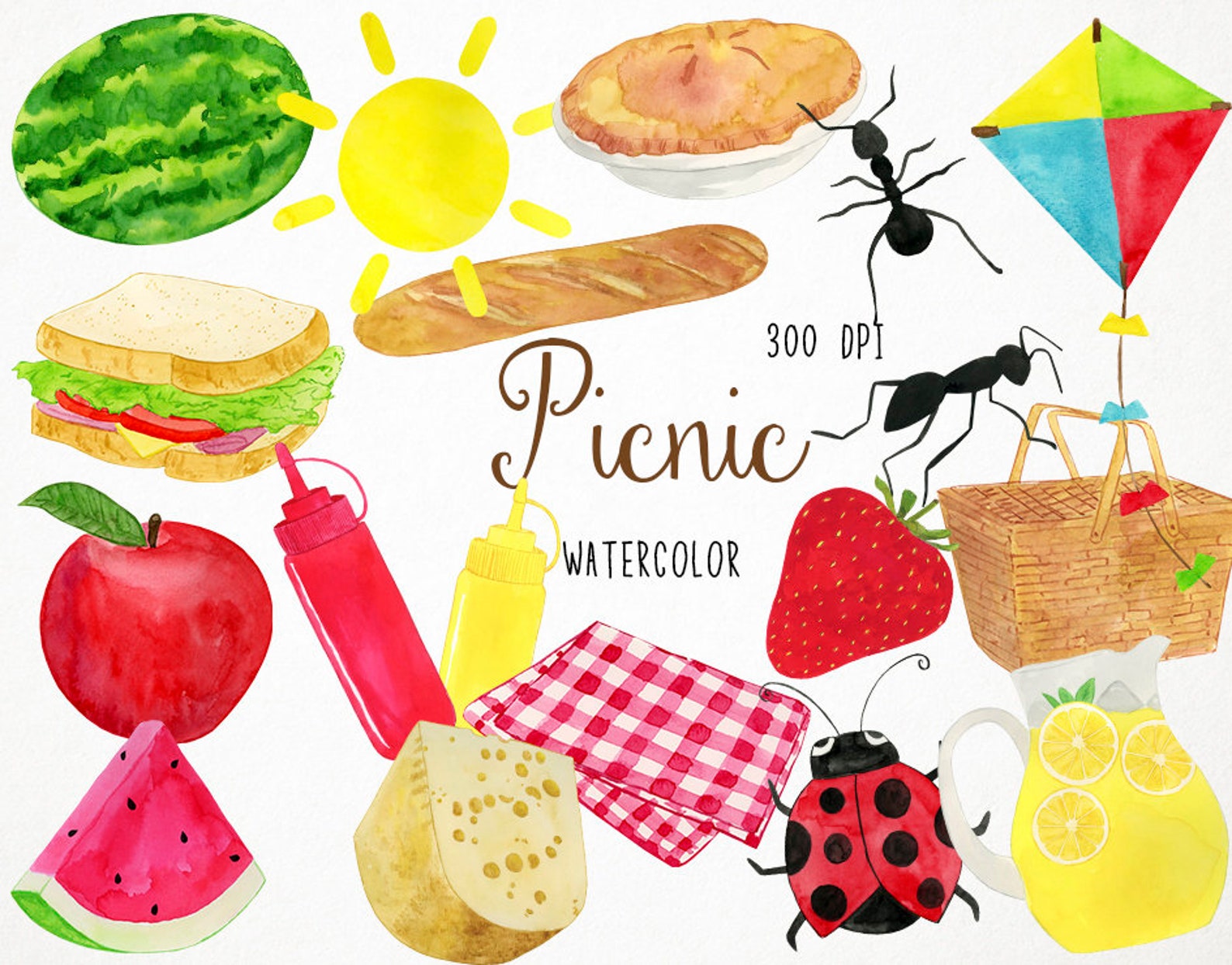 Picnic Clipart, Picnic Clip Art, Picnic Watercolor Clipart, Lemonade ...