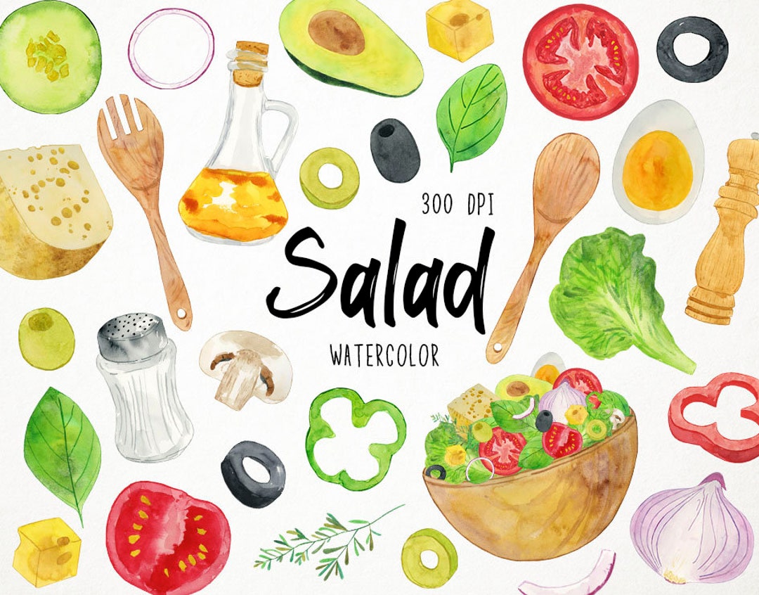 Watercolor Salad Clipart, Salad Ingredients Clipart, Healthy Food ...