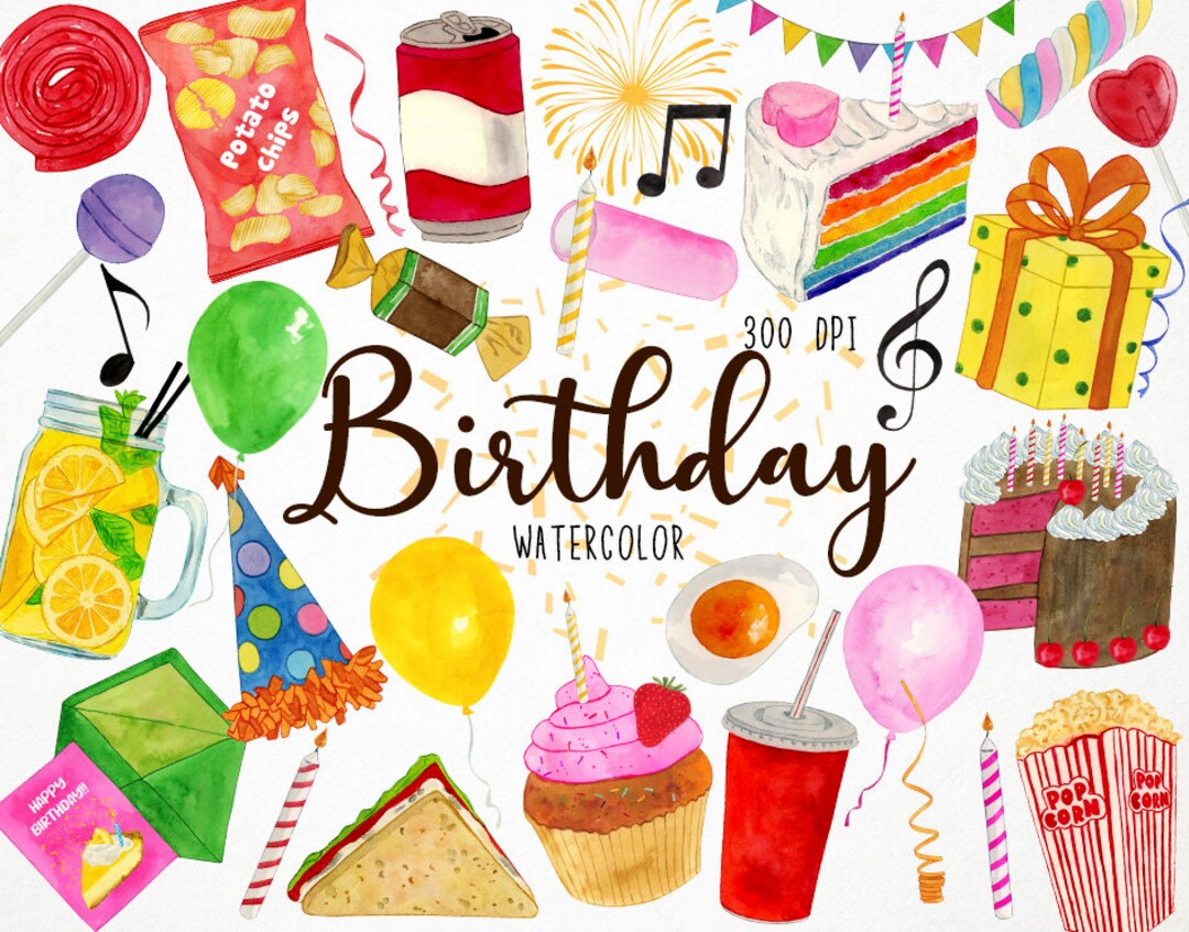Watercolor Birthday Clipart, Happy Birthday Clipart, Birthday Party ...