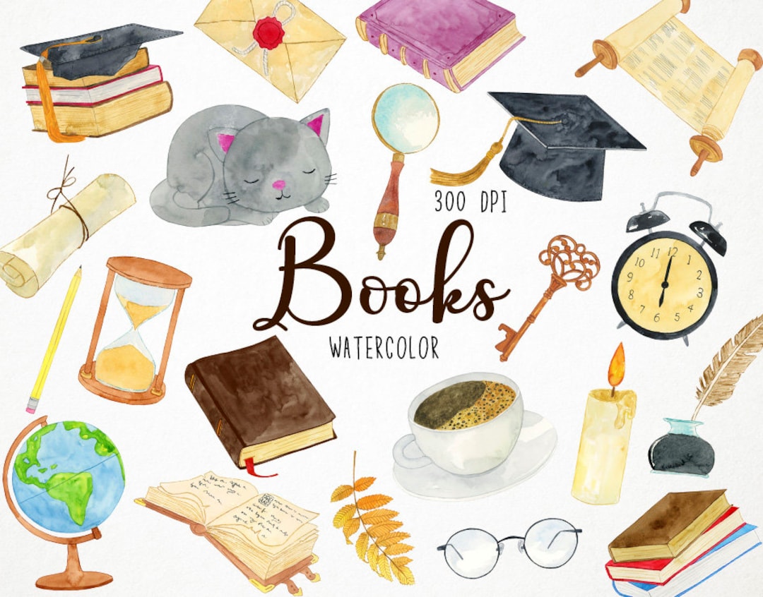 Watercolor Books Clipart, Reading Clipart, Library Clipart, Bibliophile ...