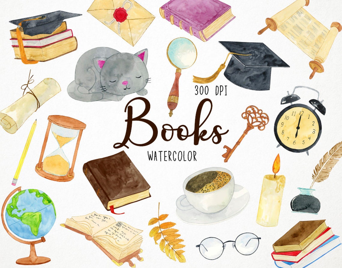 Watercolor Books Clipart Reading Clipart Library Clipart | Etsy