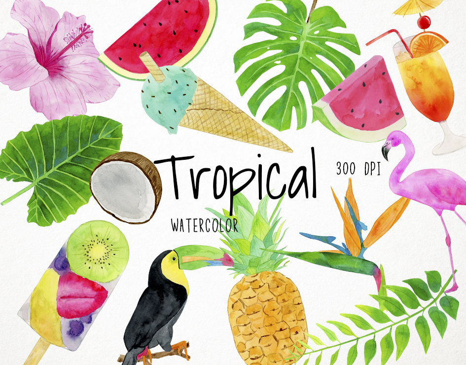 Flamingo Clipart, Tropical Clipart, Summer Clipart, Watercolor Flamingo ...