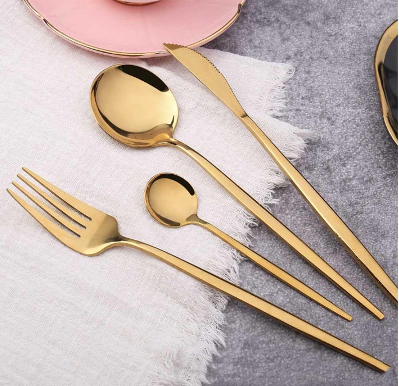 Cute Fancy Dinnerware Cutlery Set of 4 Shiny Gold same day | Etsy