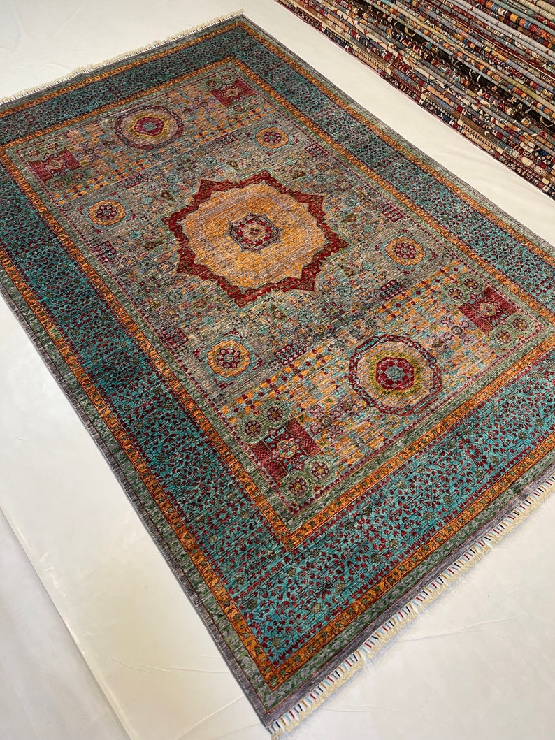 7x10 Blue Mamluk Rug Turquoise Blue Hand Knotted Veg Dyes Wool Turkish ...