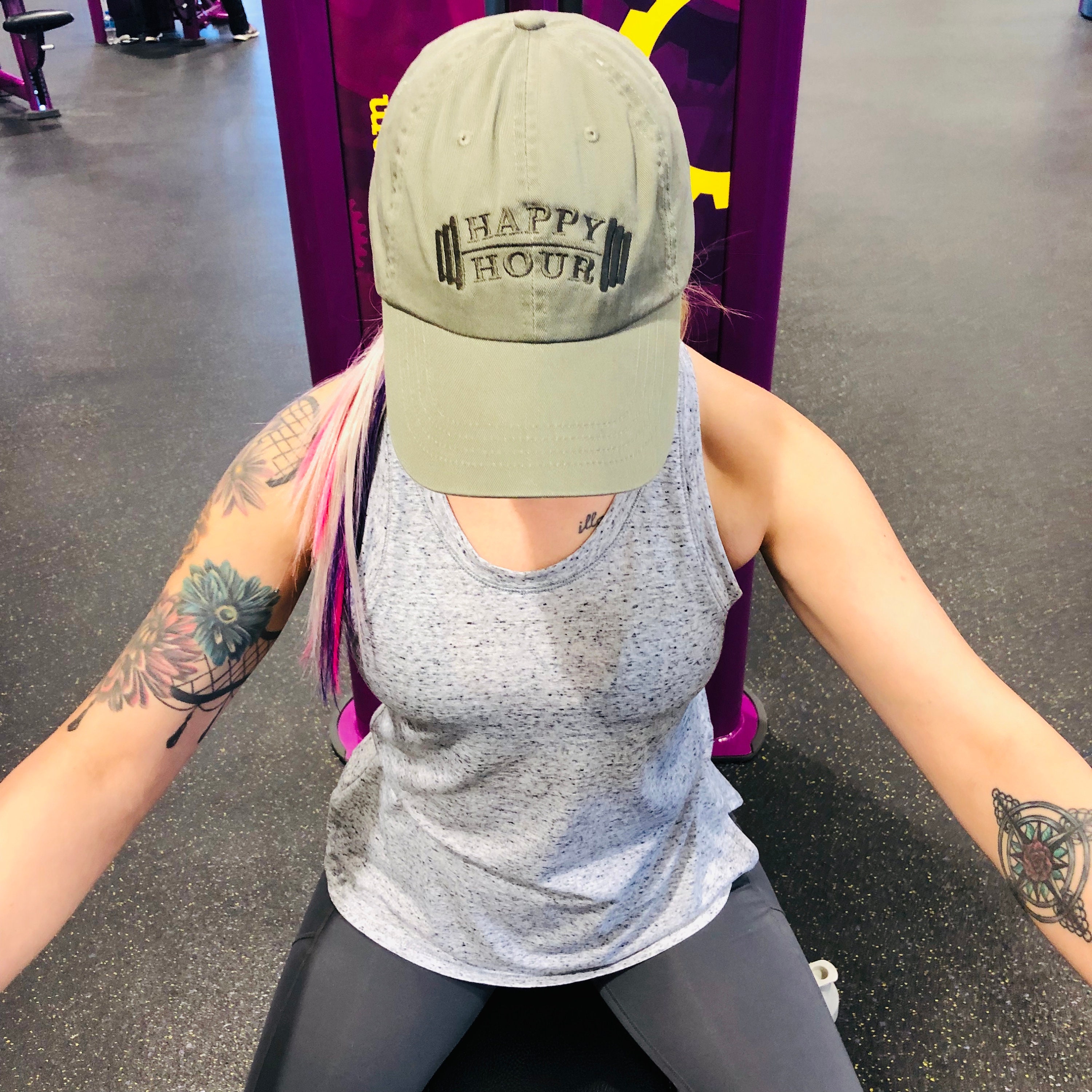Happy Hour Dumbbell Weightlifting Hat - Workout Hat - Dumbbell Pun Cap ...