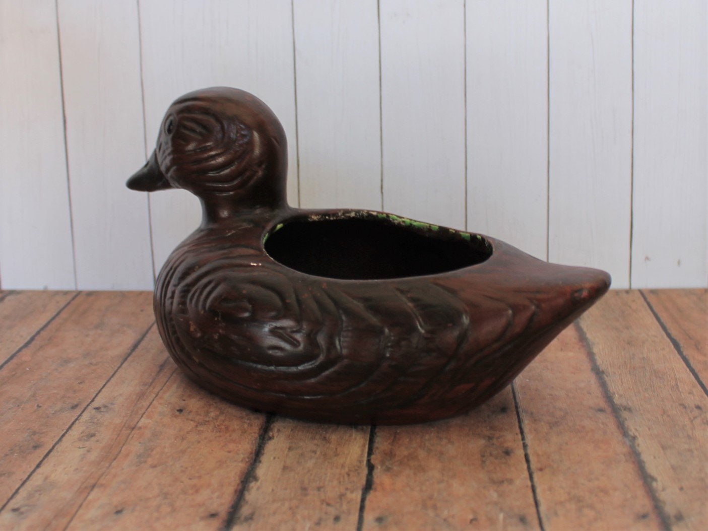 Vintage Brown Ceramic Duck Planter Flower Pot Garden Patio Decor