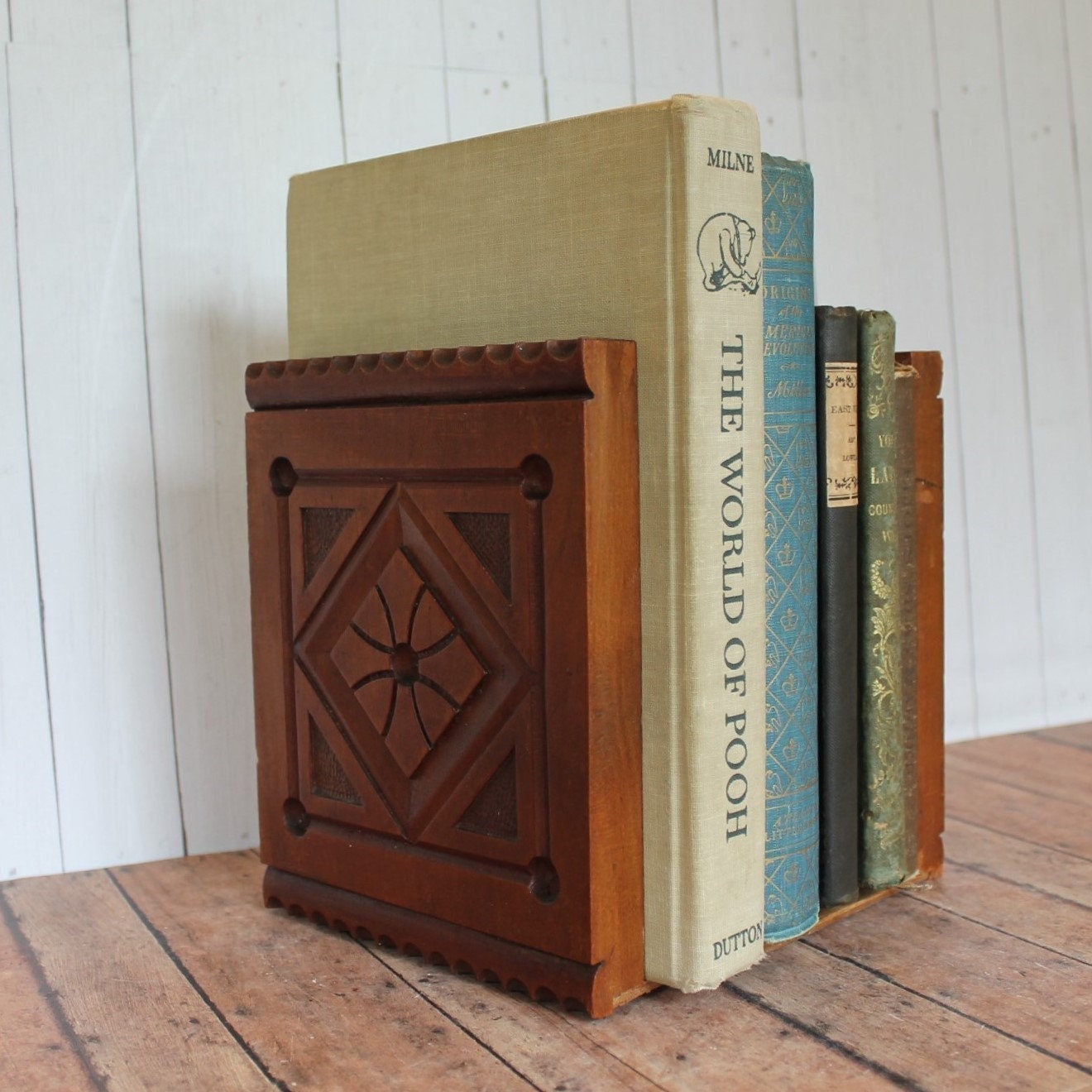 Vintage Carved Wood Bookends Set of 2 Etched Floral Design Wooden Book ...