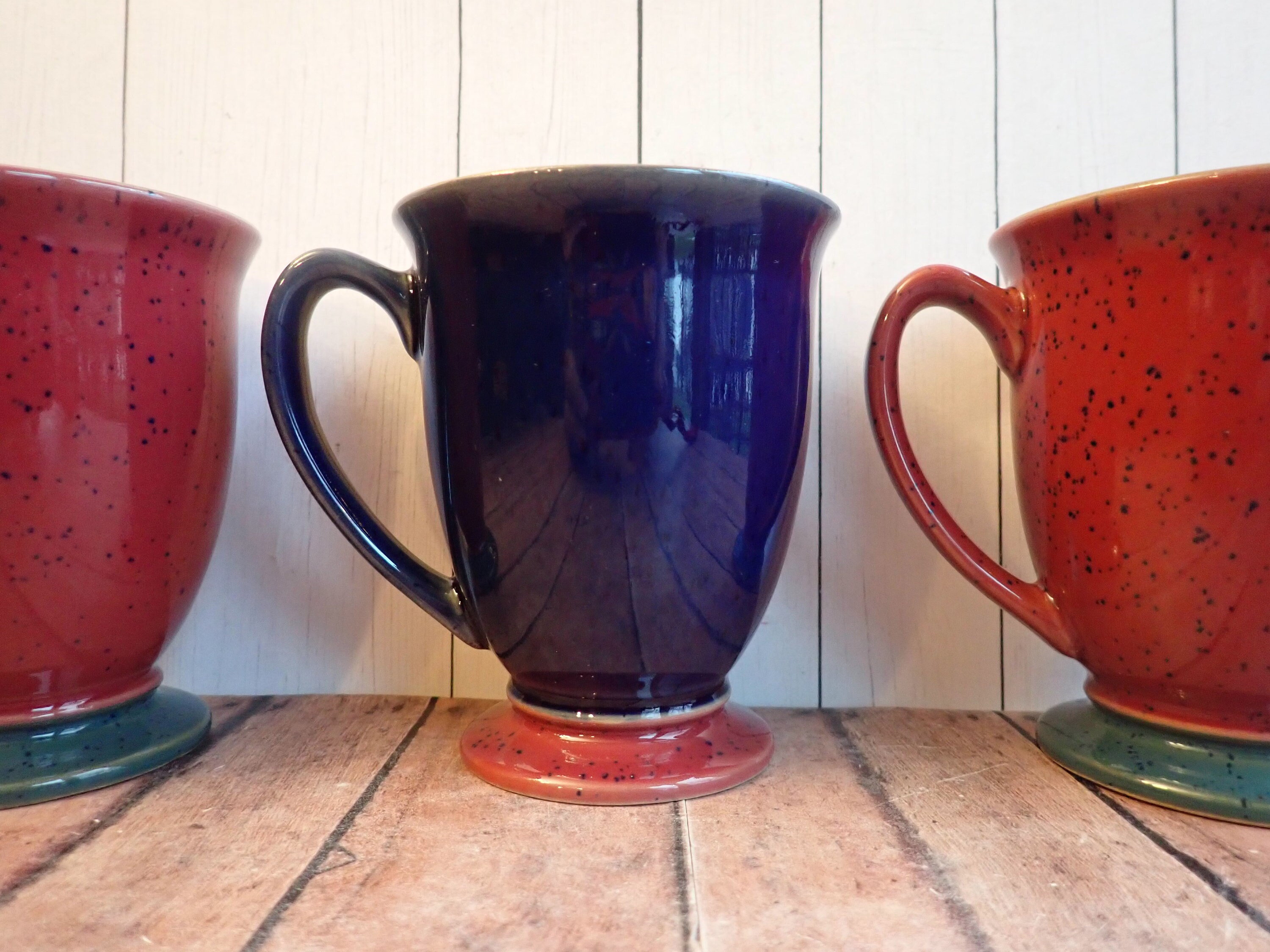 Vintage Denby HARLEQUIN Footed Mug Cup Set of 3 Red and Blue Mugs ...