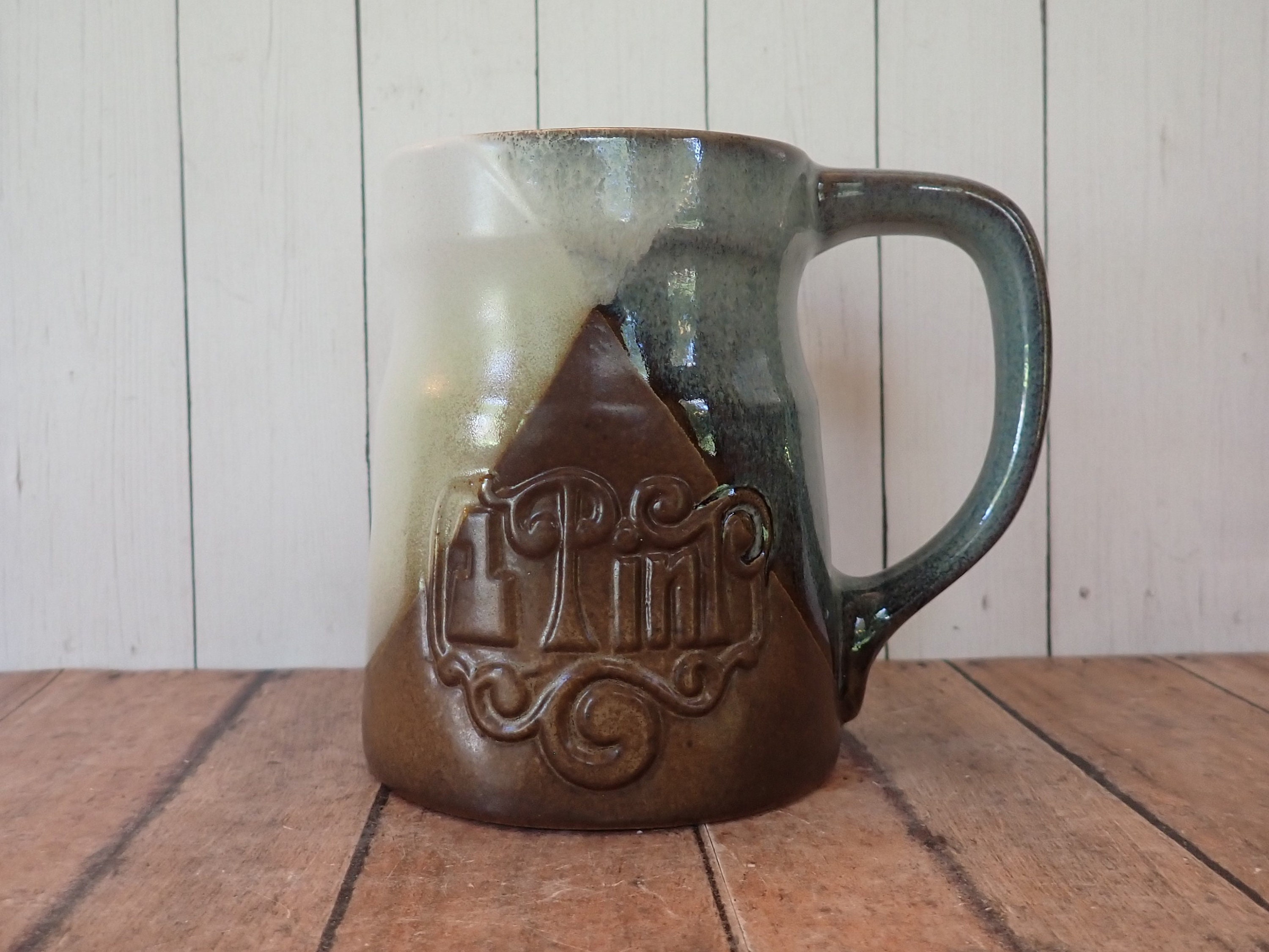 Vintage Pottery Craft USA Large Pint Stoneware Mug Stein Blue Tan Brown ... Vintage Pottery Craft USA Large Pint Stoneware Mug Stein Blue Tan Brown ...