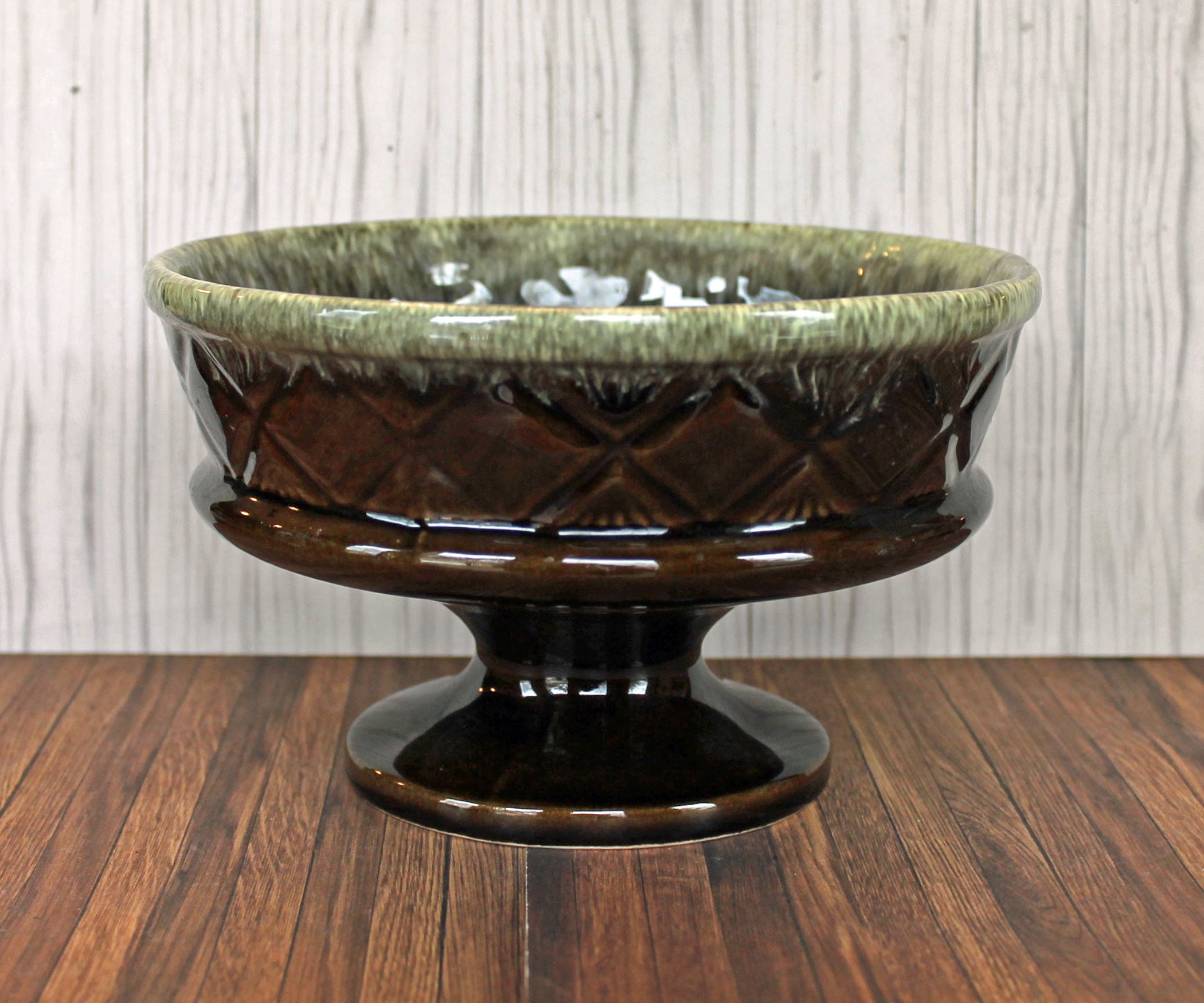 Vintage HULL POTTERY Footed Pedestal Planter Green Drip with Diamond ...