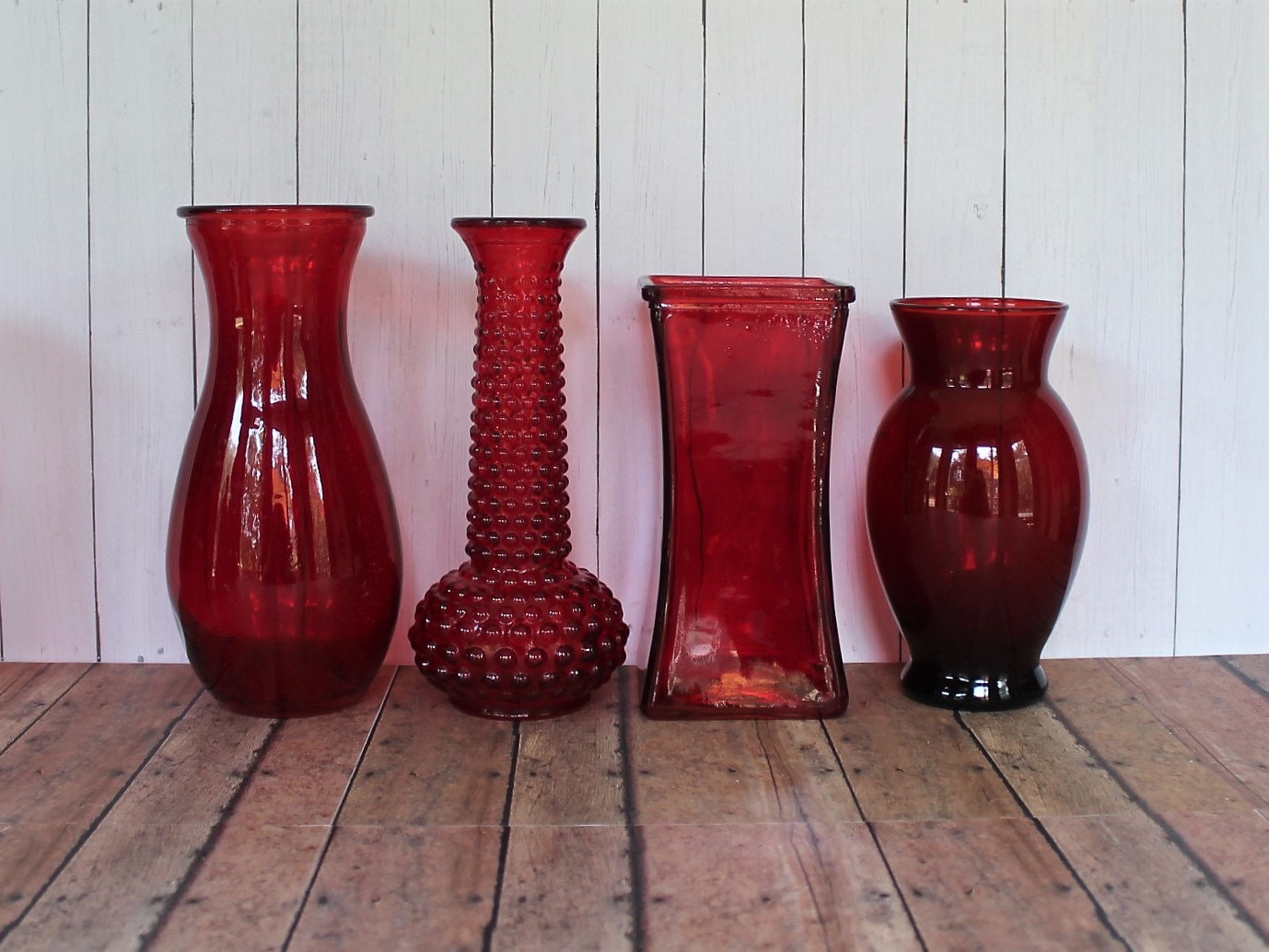 Vintage Red Glass Vase Set of 8 All Different Square Hobnail Pattern ...