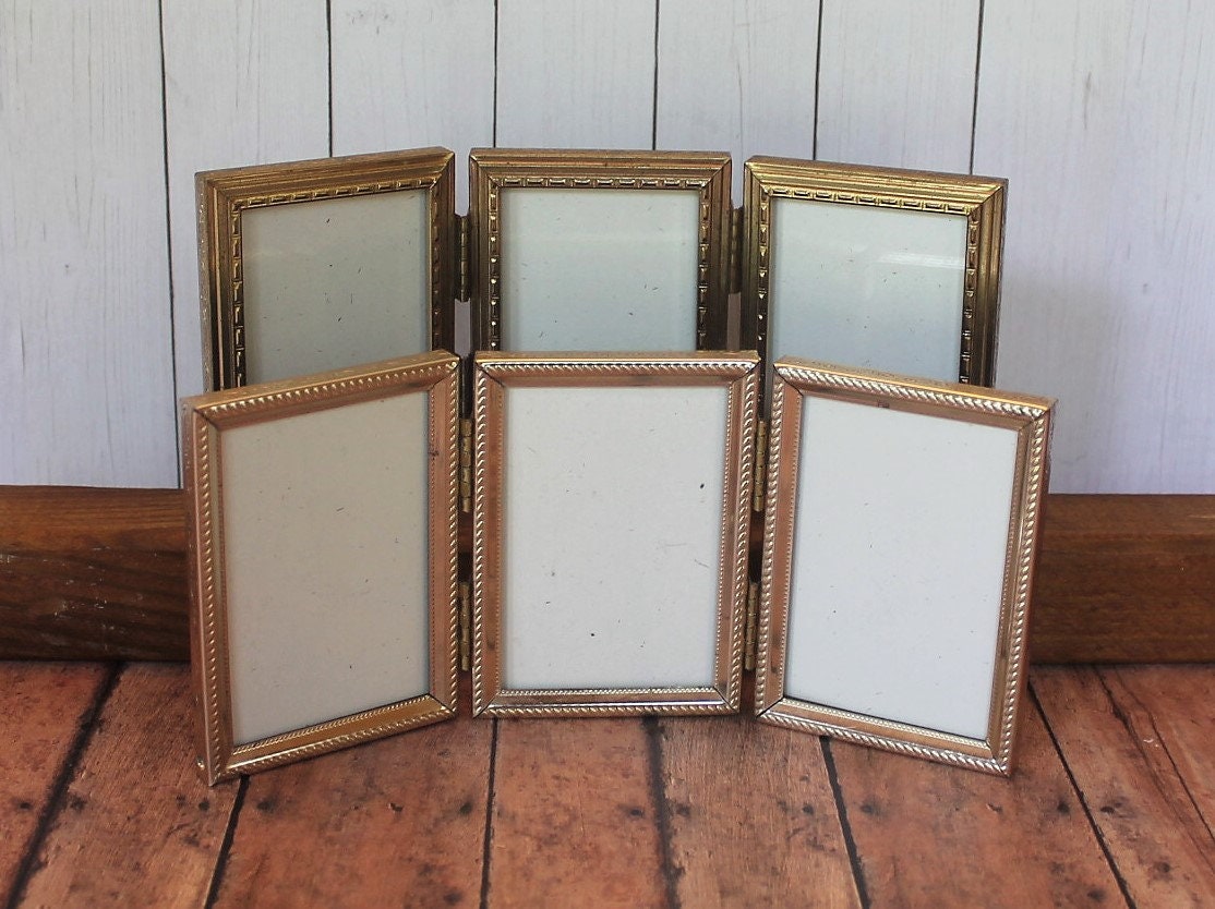 Vintage Brass Bronze Metal 2x3 Triple Hinged Frame Set of 2 Three Part ...