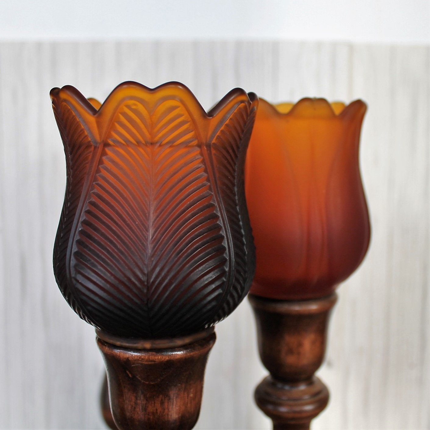 Vintage Votive Candlestick Set of 3 Amber Flower Votives with Wooden ...