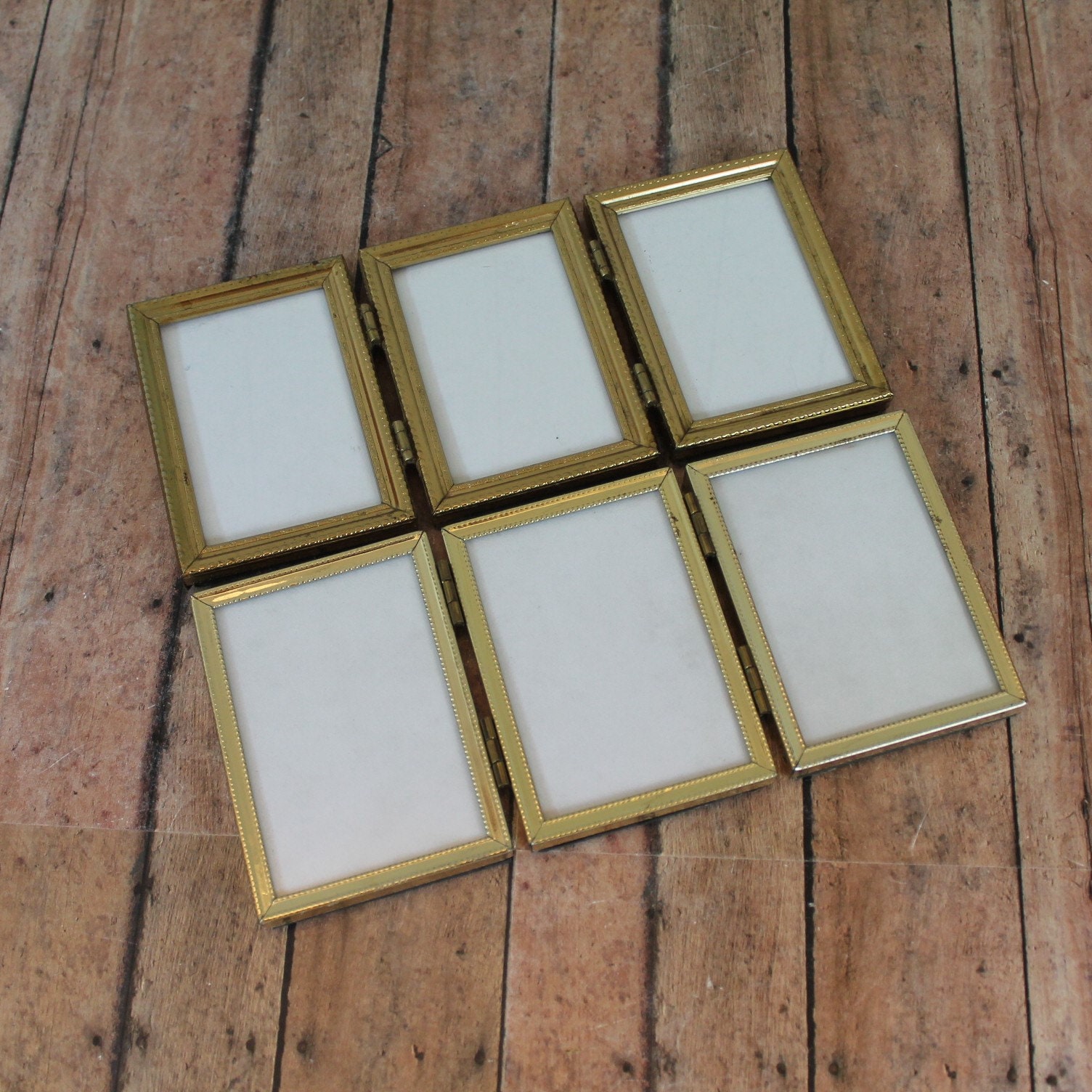 Vintage Brass Bronze Metal 2x3 Triple Hinged Frame Set of 2 Three Part ...