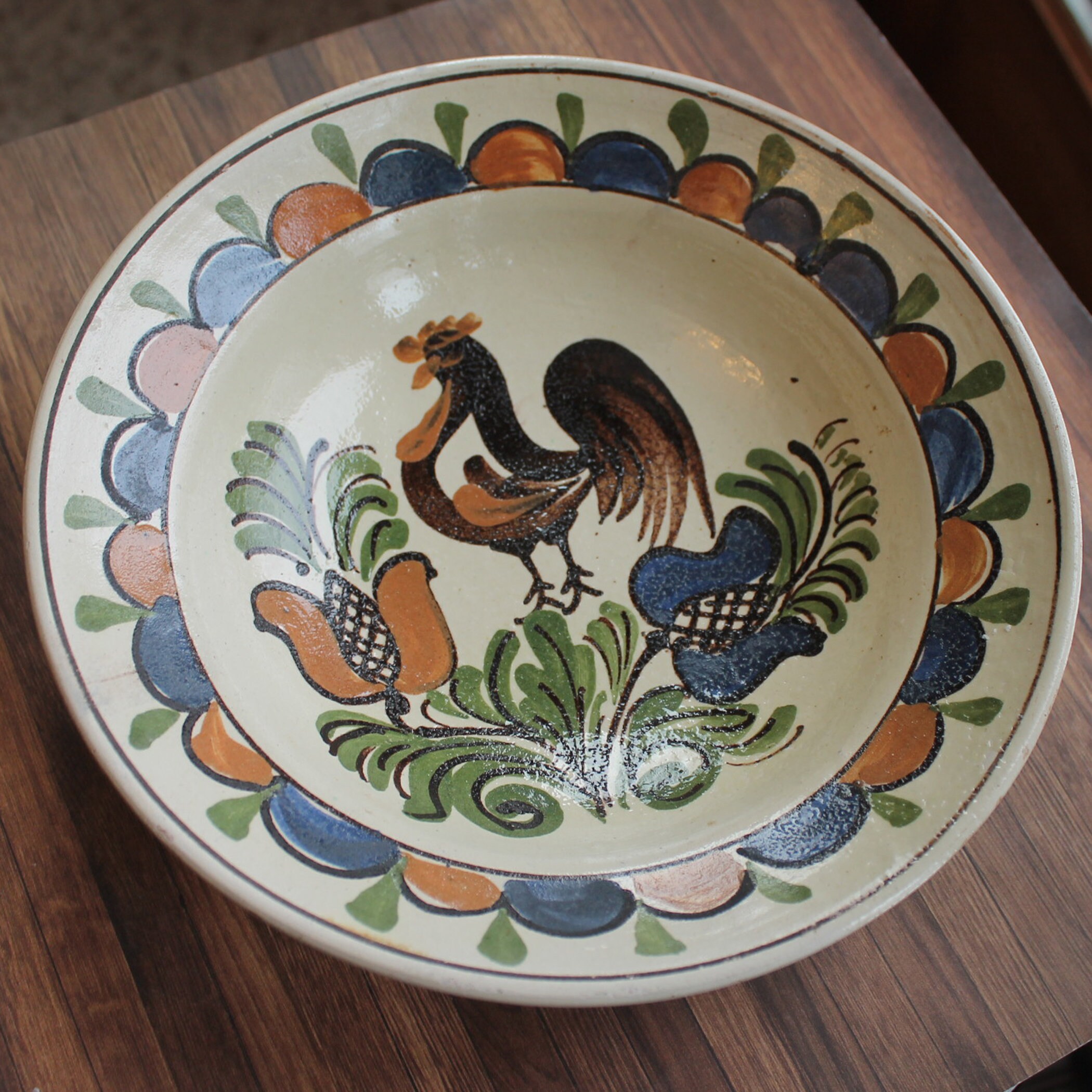 Vintage Pottery Rooster Wall Hanging Bowl Handmade Folk Art Terra Cotta ...