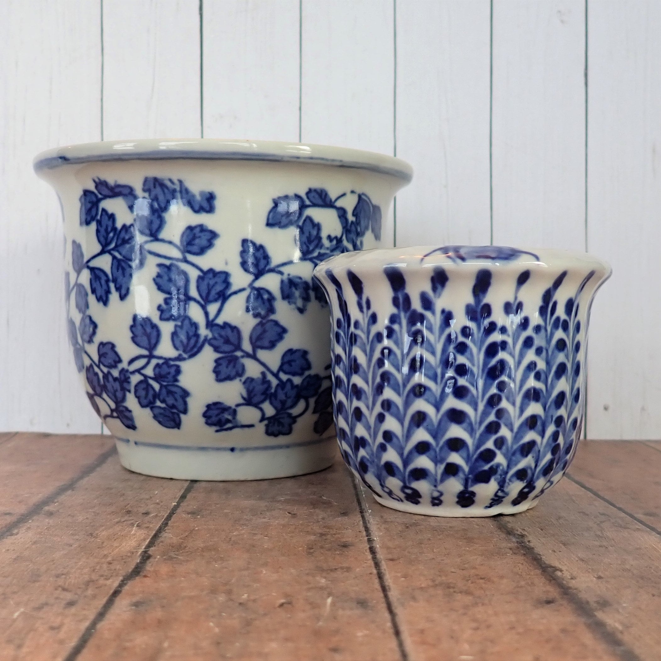Vintage Blue and White Ceramic Planter Set of 2 Asian Inspired Chinese ...