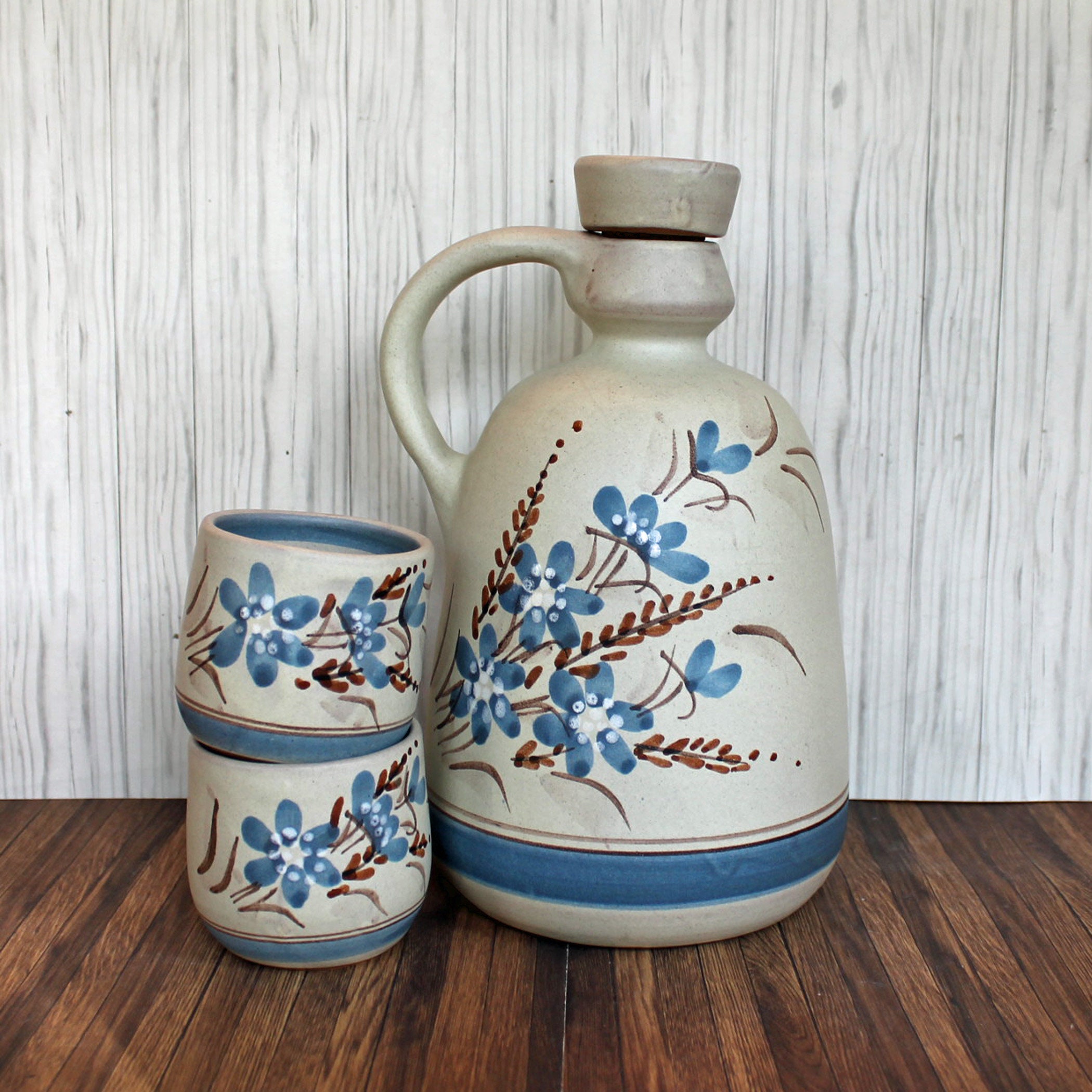 Vintage Greek Stoneware Pottery Wine Jug Bottle Decanter and 2 Cups ...