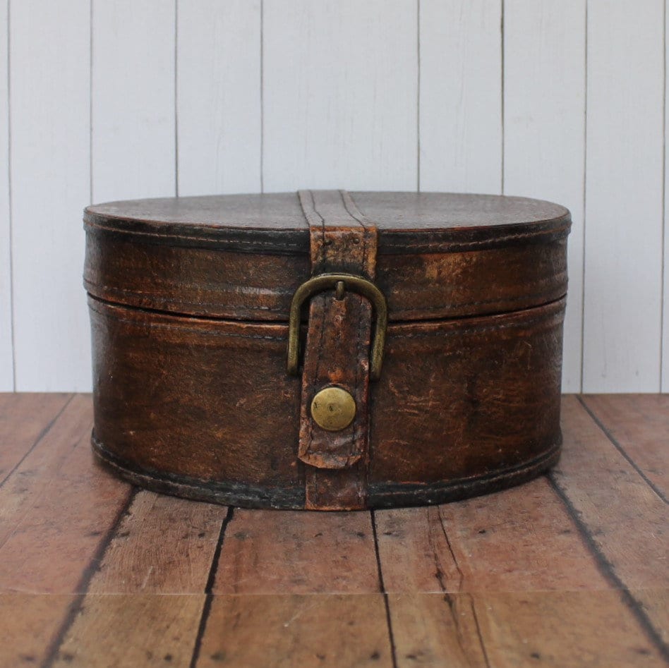 Vintage Brown Leather Collar Box Hat Box Round with Lid and Snap Closure
