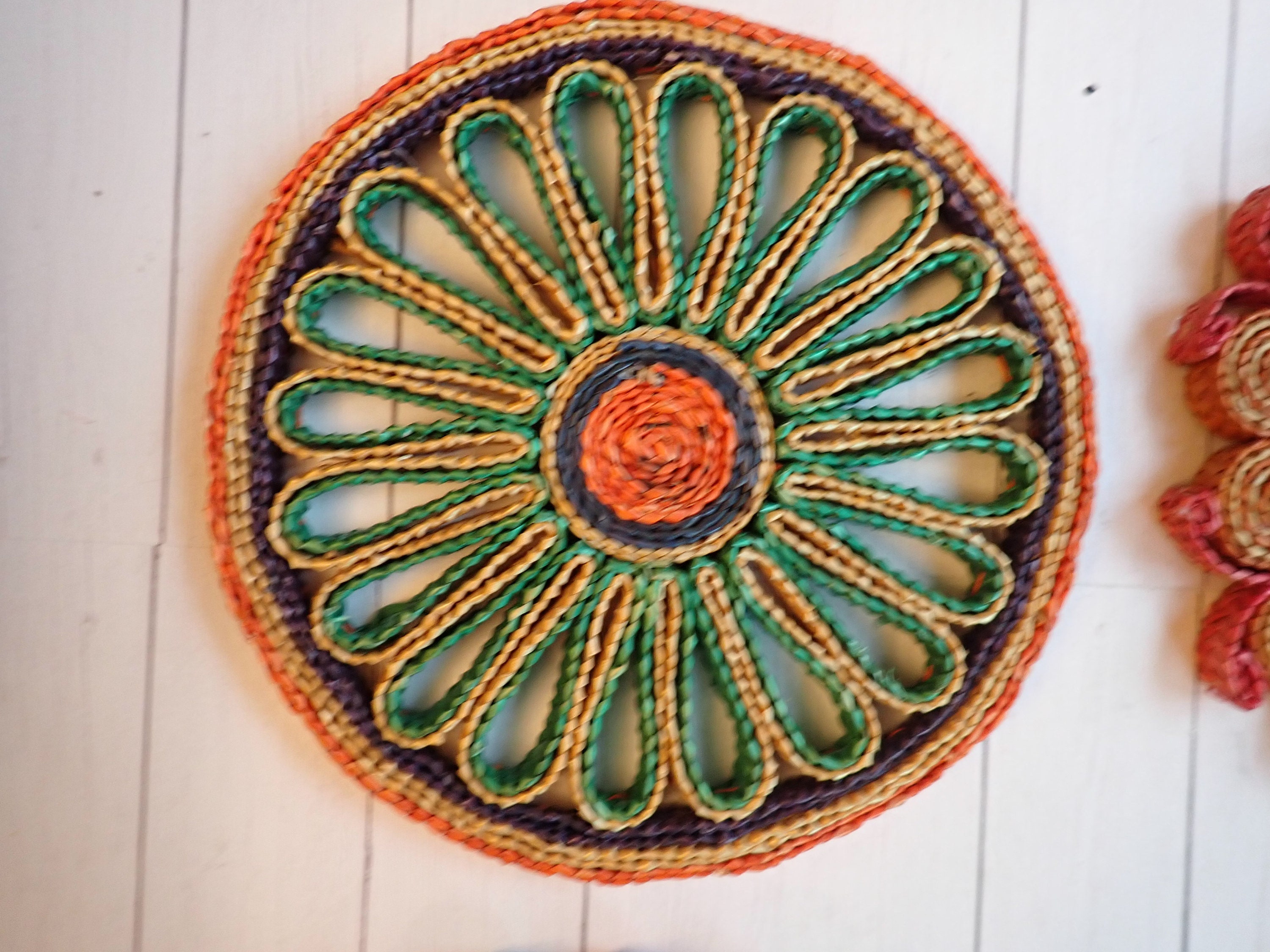 Vintage Wicker Rattan Woven Trivet Hotplate Set of 5 Colorful Red Green ...