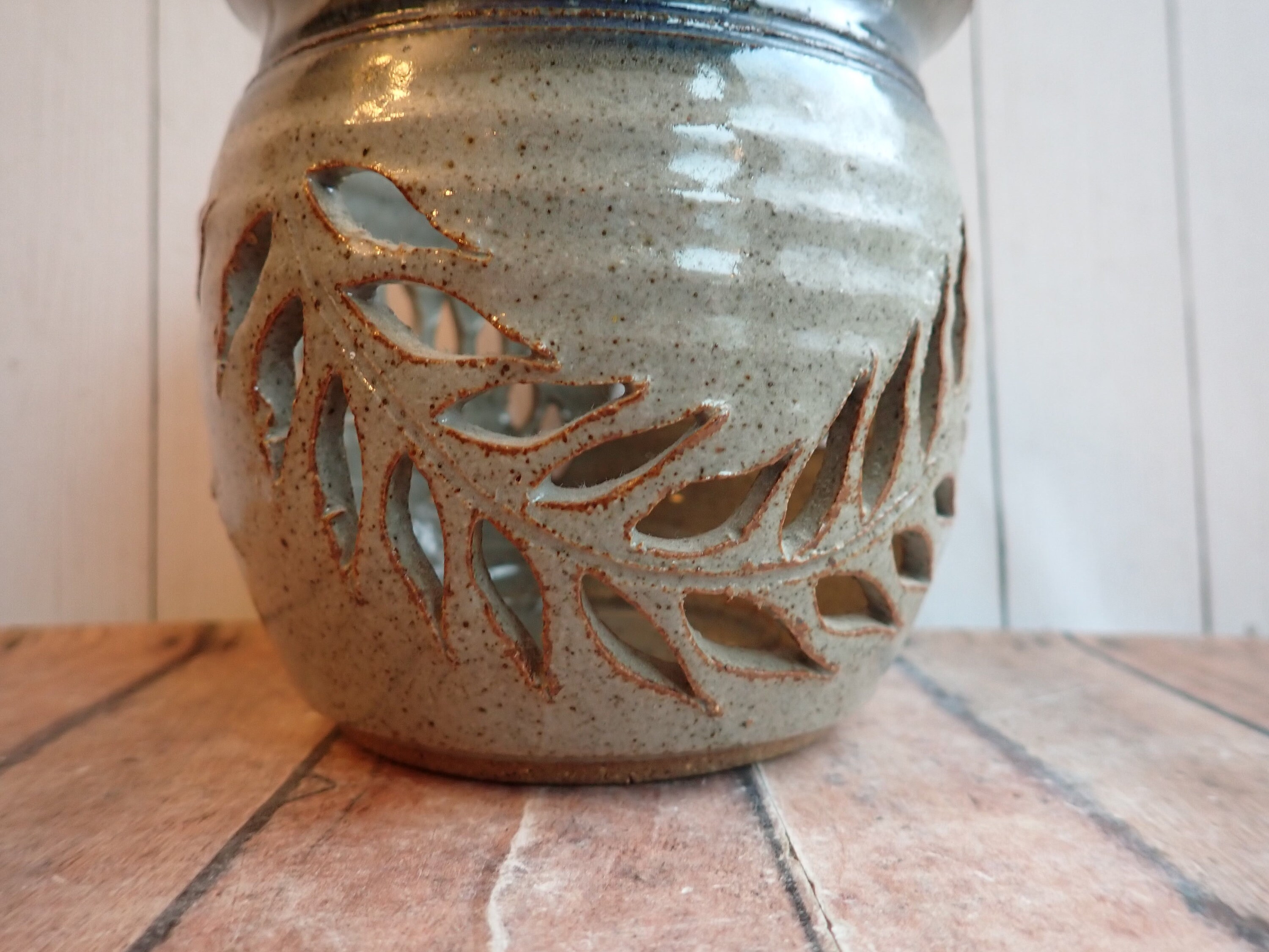 Vintage Stoneware Pottery Luminary Candle Lantern Gray with Cut Out ...