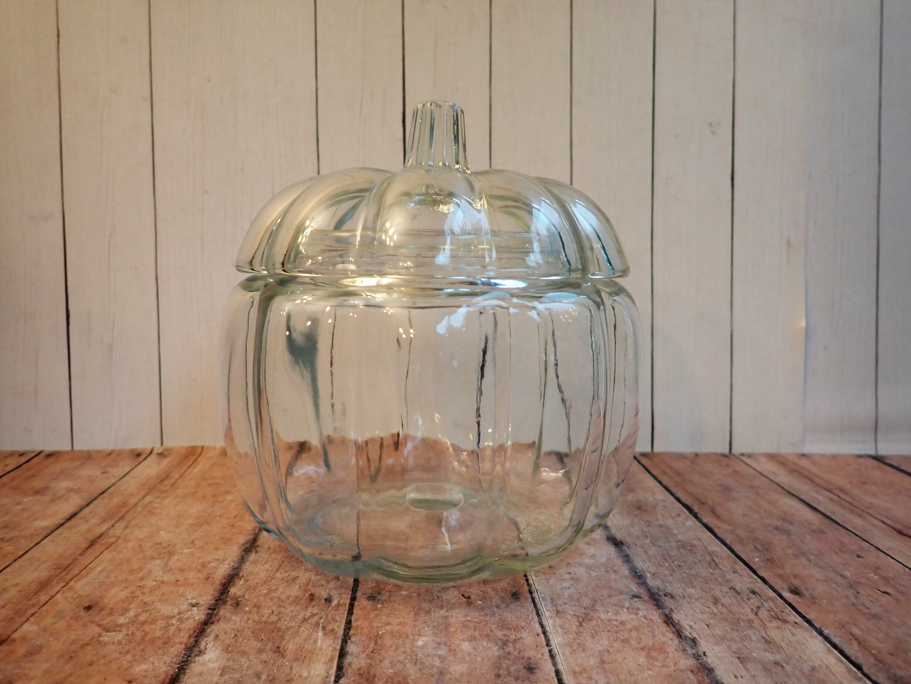 Vintage Clear Glass Pumpkin Dish Bowl with Lid Candy Dish Candle Holder ...