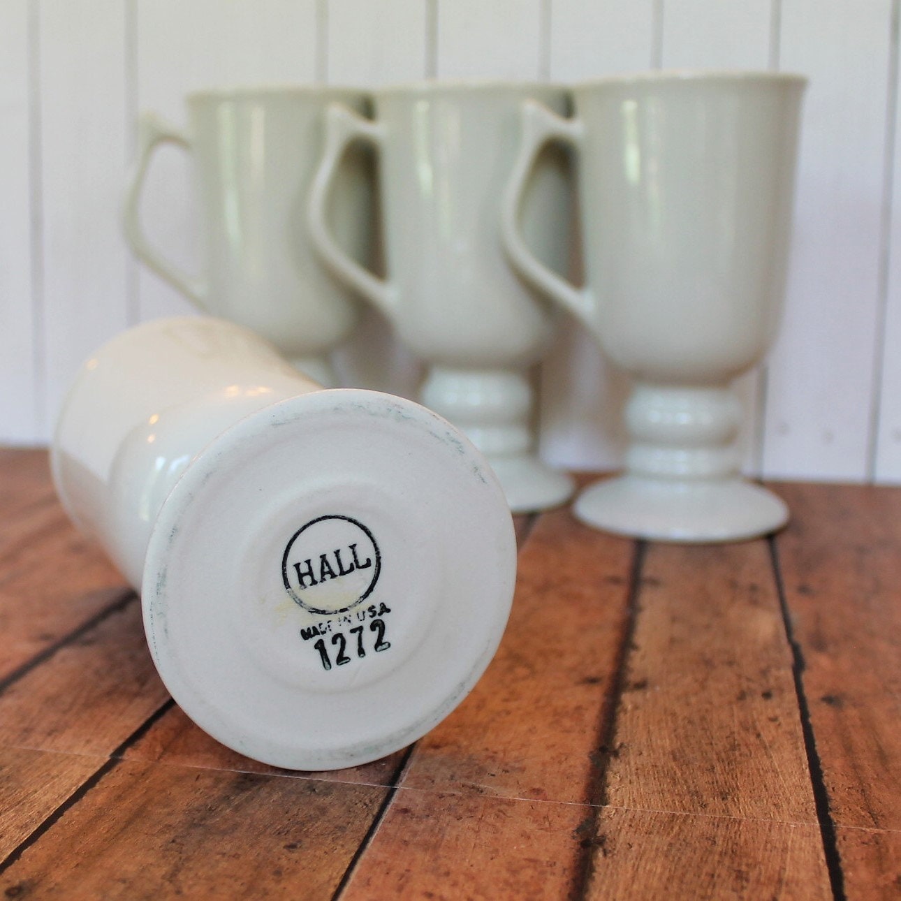 Vintage HALL Pottery White Pedestal Mug Set of 4 Irish Coffee Cup ...