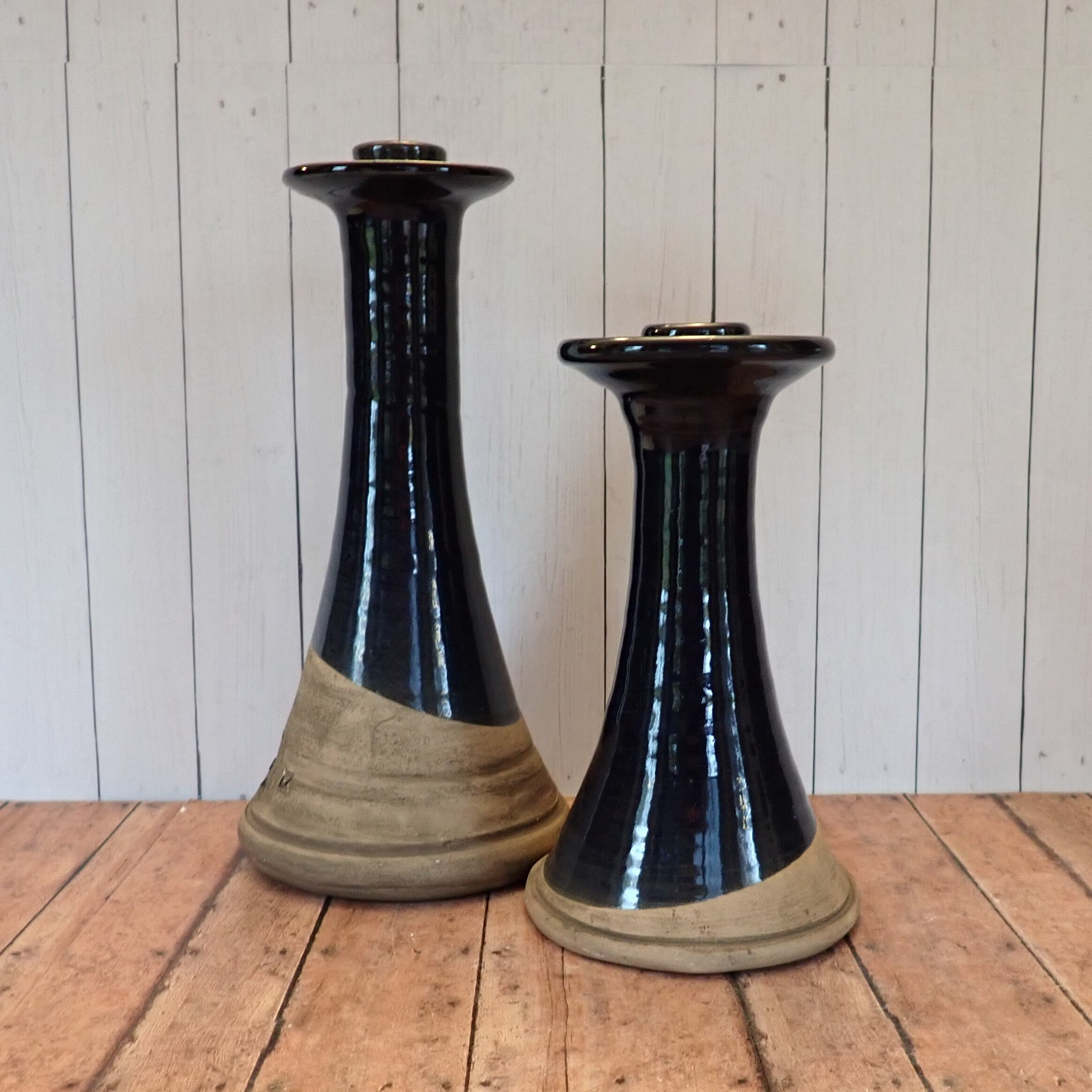Vintage Rowe Pottery Works Stoneware Candlestick Set of 2 Tan and Blue ...