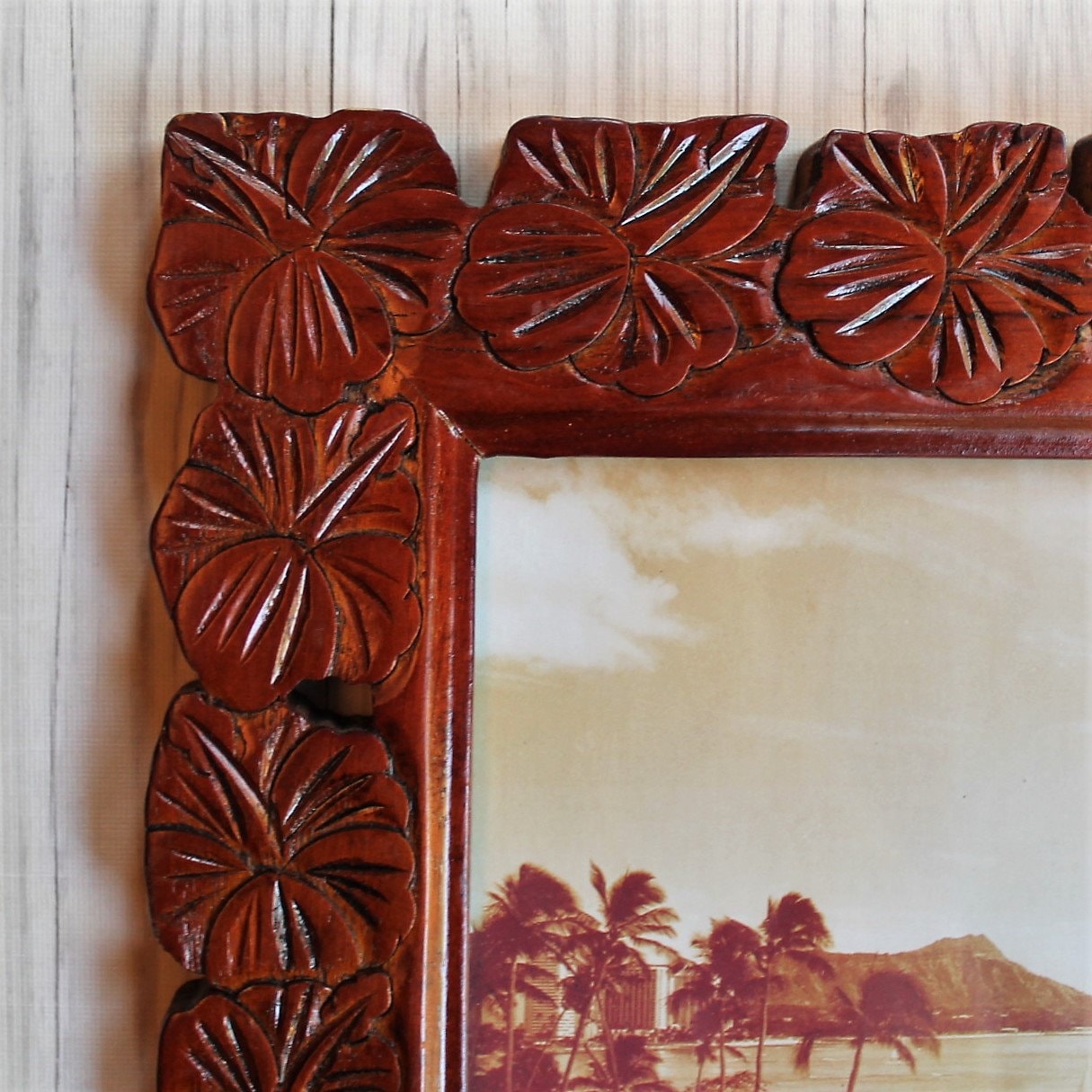 Vintage Wooden Hawaii Photo Picture Frame 5x7 Carved Wood Flower Design ...