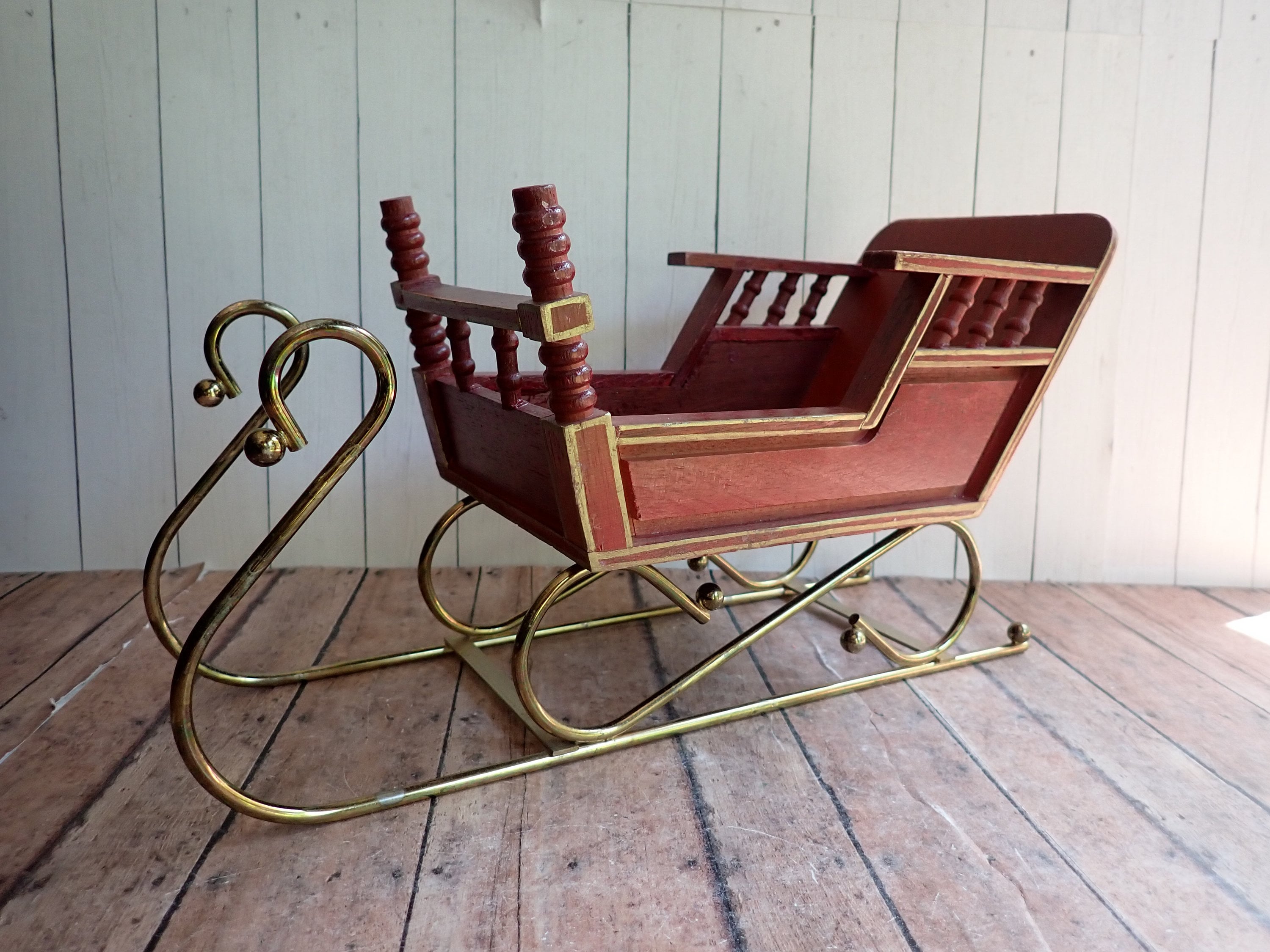 Vintage Wood and Metal Sleigh Red with Gold Holly Design Brass Gold ...