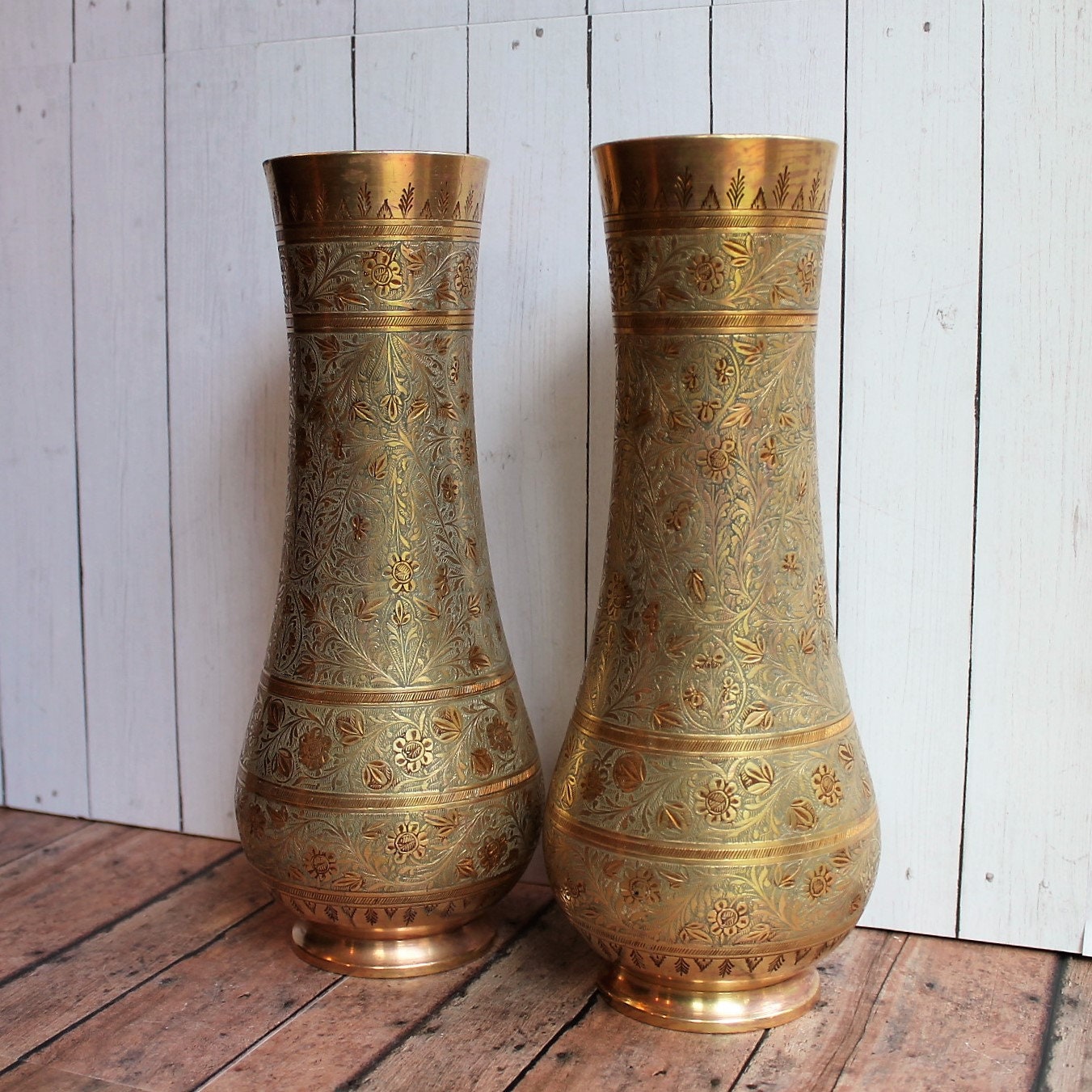 Vintage Brass Vase Set Of 2 Matching Large 10 Brass Vases With Etched Floral Flower And Leaf