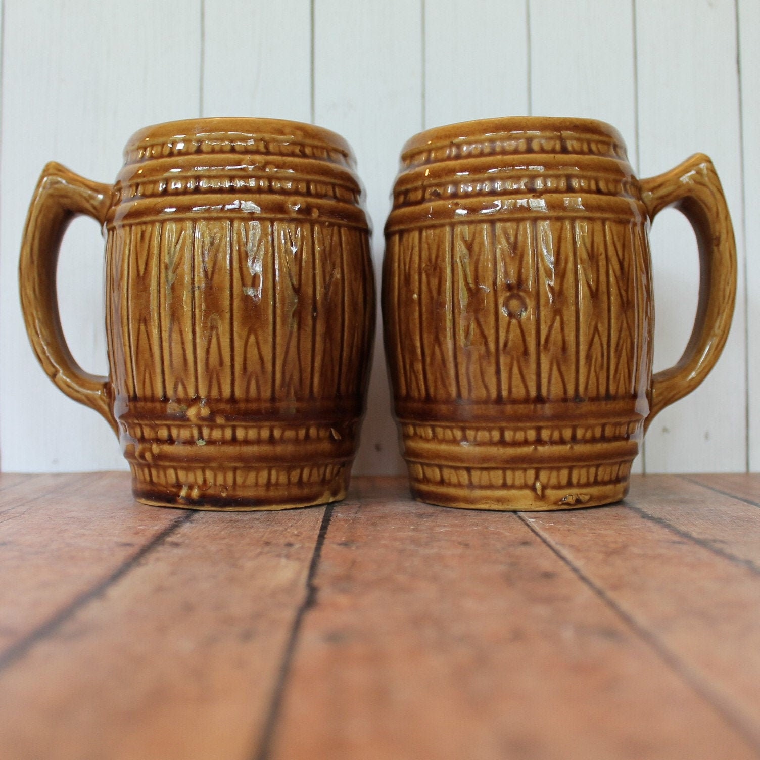 Vintage Ceramic Stoneware Barrel Mug Set of 2 Beer Stein Faux Wood ...