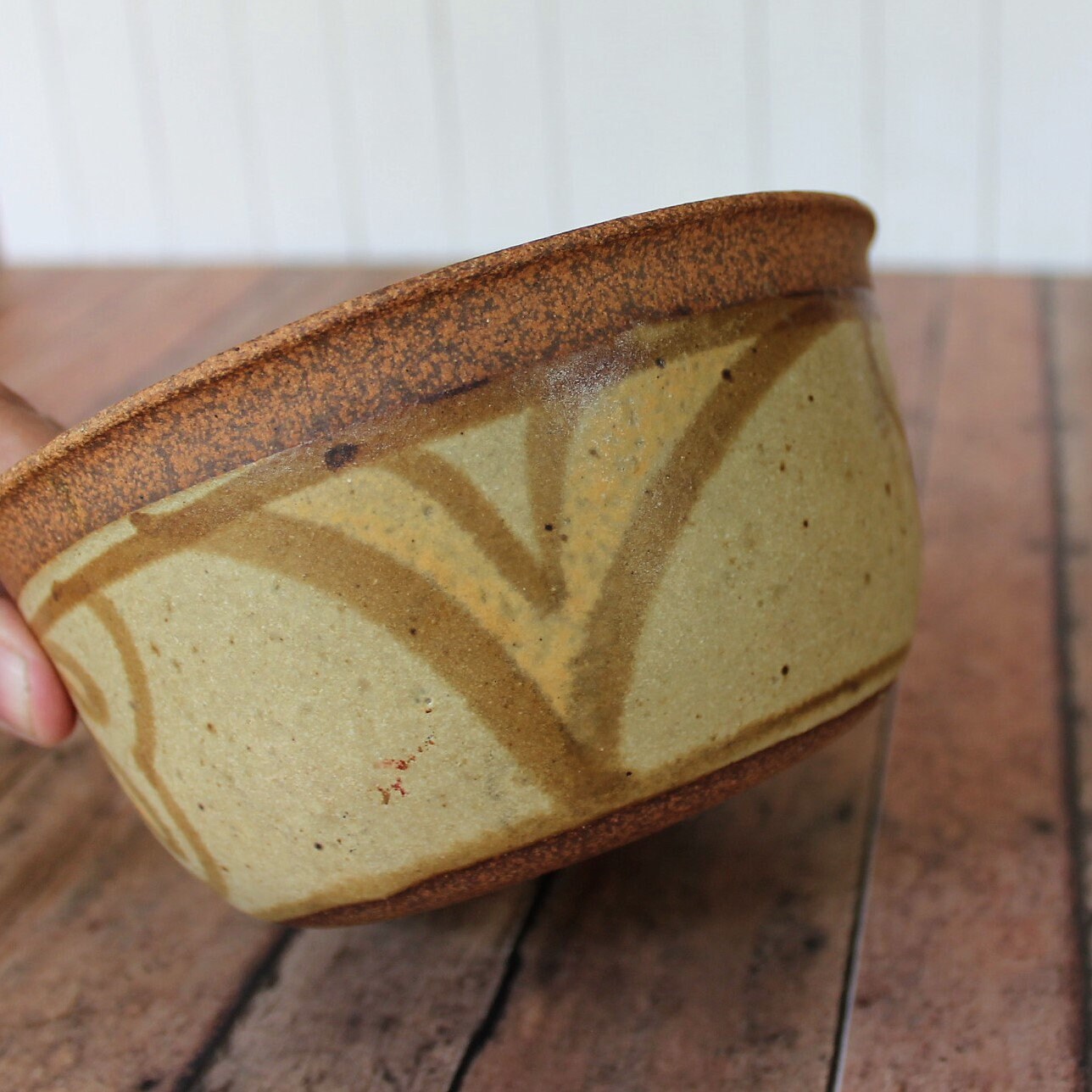 Vintage Studio Pottery Round Stoneware Planter Bowl Tan Brown and Cream ...
