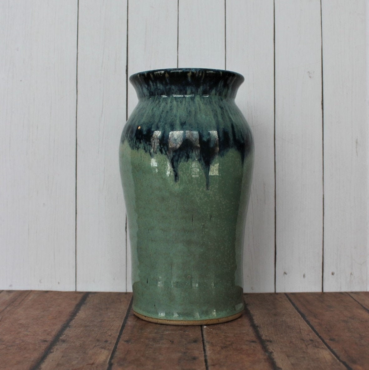 Vintage Lakeside Pottery Stoneware Pottery Vase Blue and White Drip ...