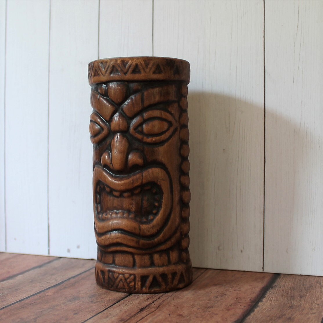 Vintage Treasure Craft USA Brown Ceramic Tiki Mug Faux Carved Wood ...