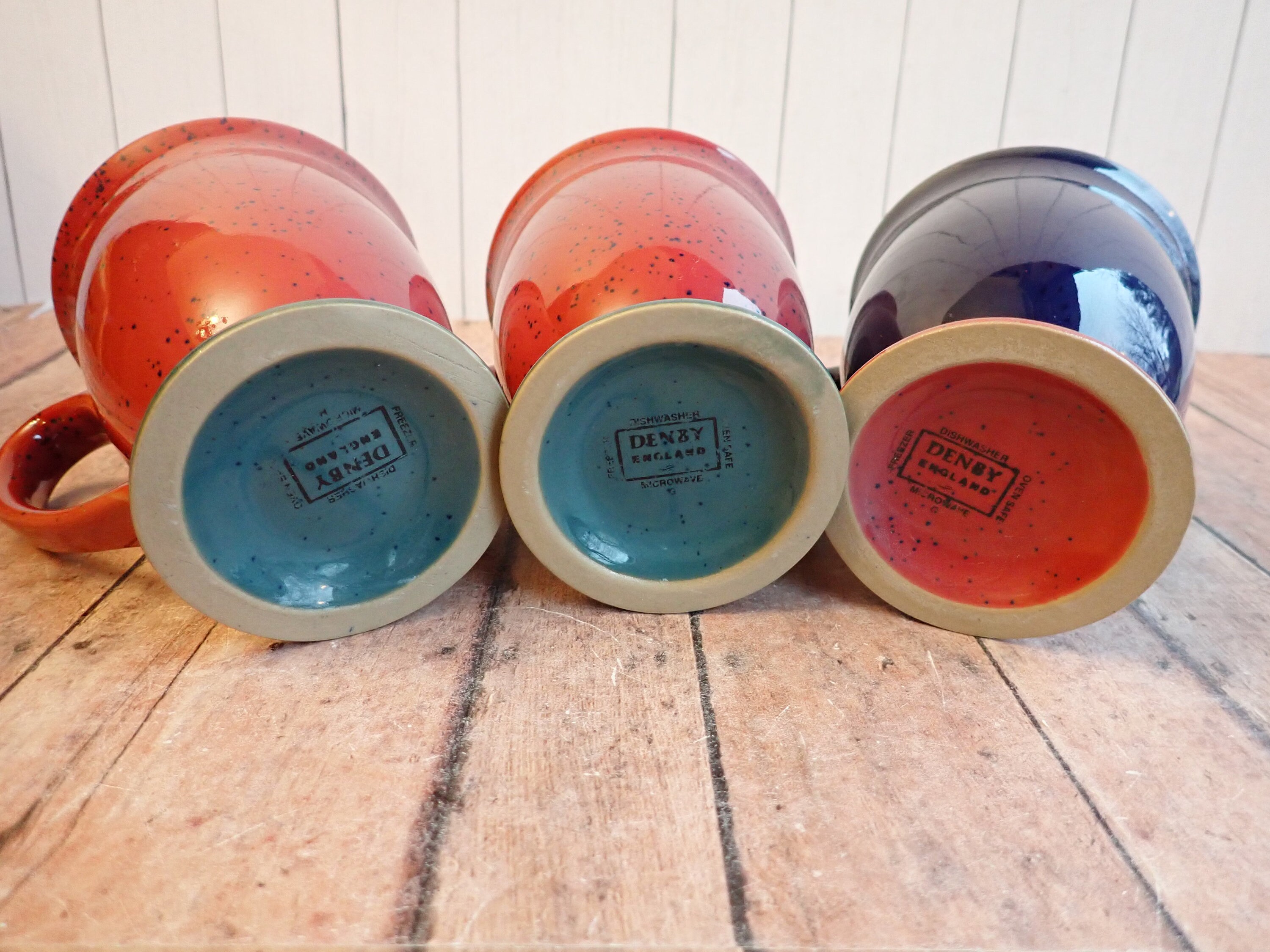 Vintage Denby HARLEQUIN Footed Mug Cup Set of 3 Red and Blue Mugs ...