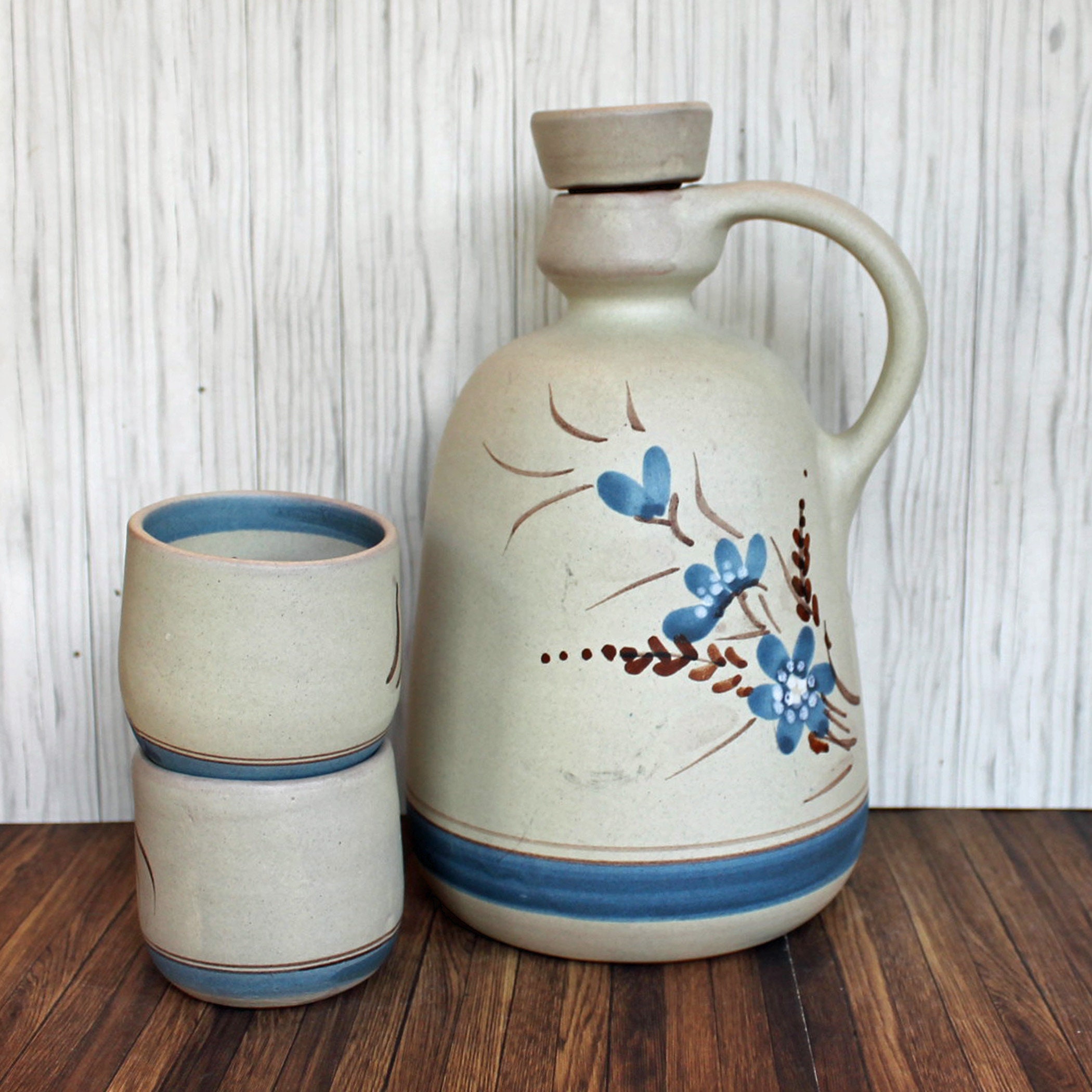 Vintage Greek Stoneware Pottery Wine Jug Bottle Decanter and 2 Cups ...