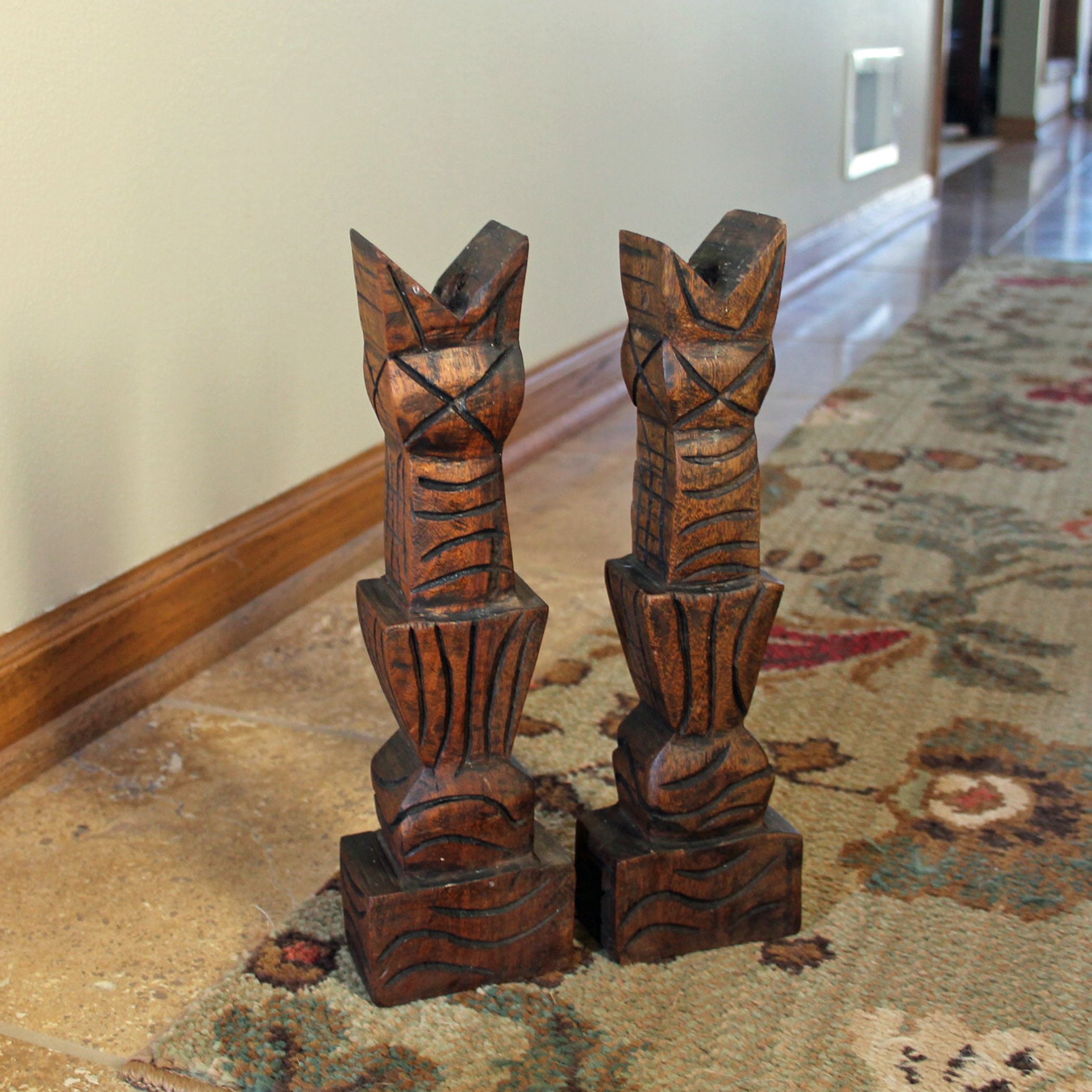 Vintage Wooden Carved Candlestick Pair Chunky Wood with Tiki Tribal ...