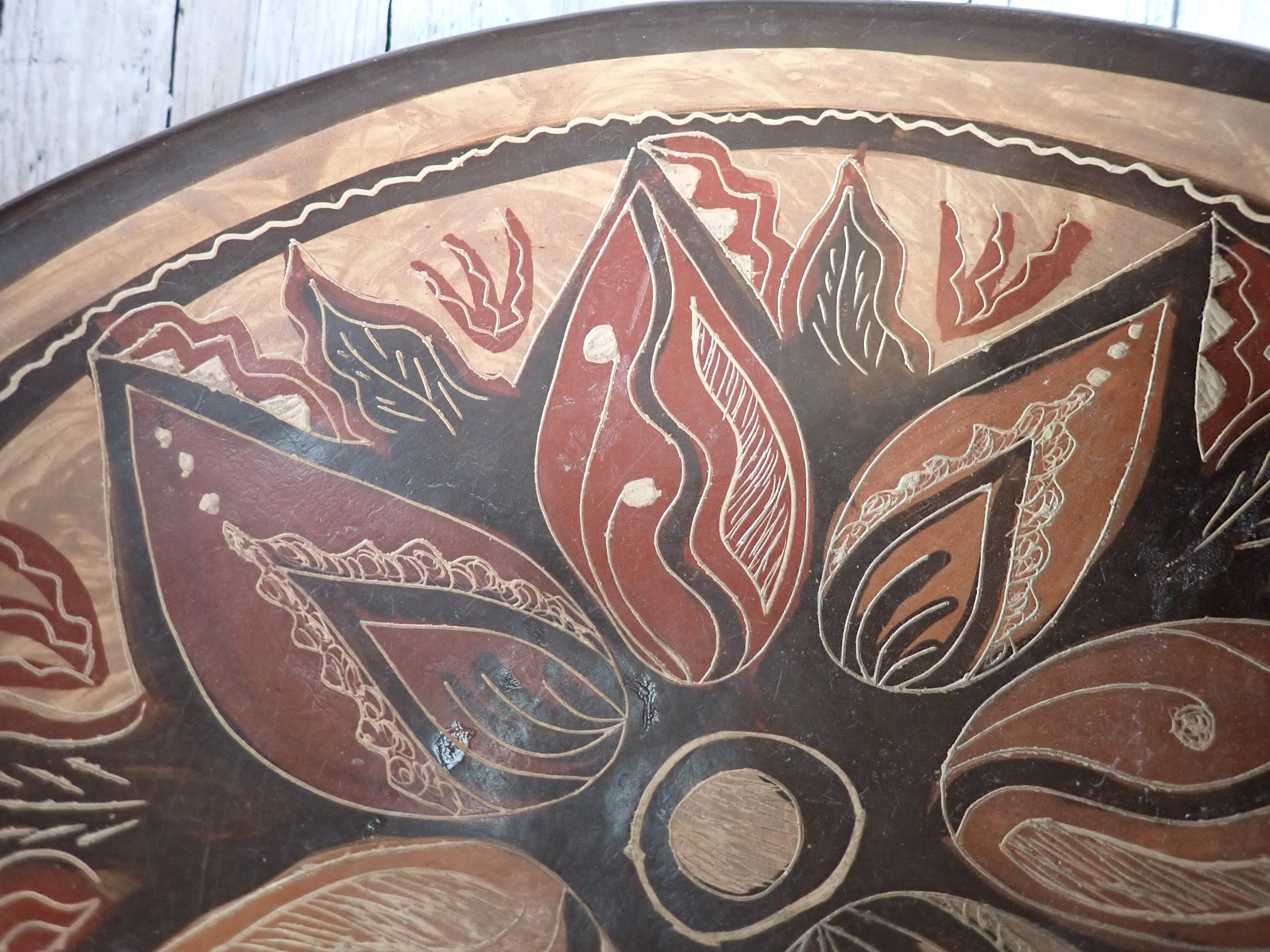 Vintage Costa Rica Clay Pottery Bowl Tan with Red Brown Orange Flower ...