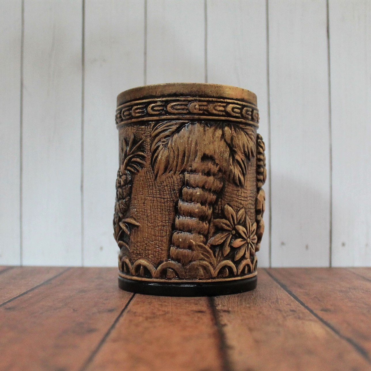 Vintage Ceramic Brown and White Ceramic Tiki Mug Faux Carved Wood ...