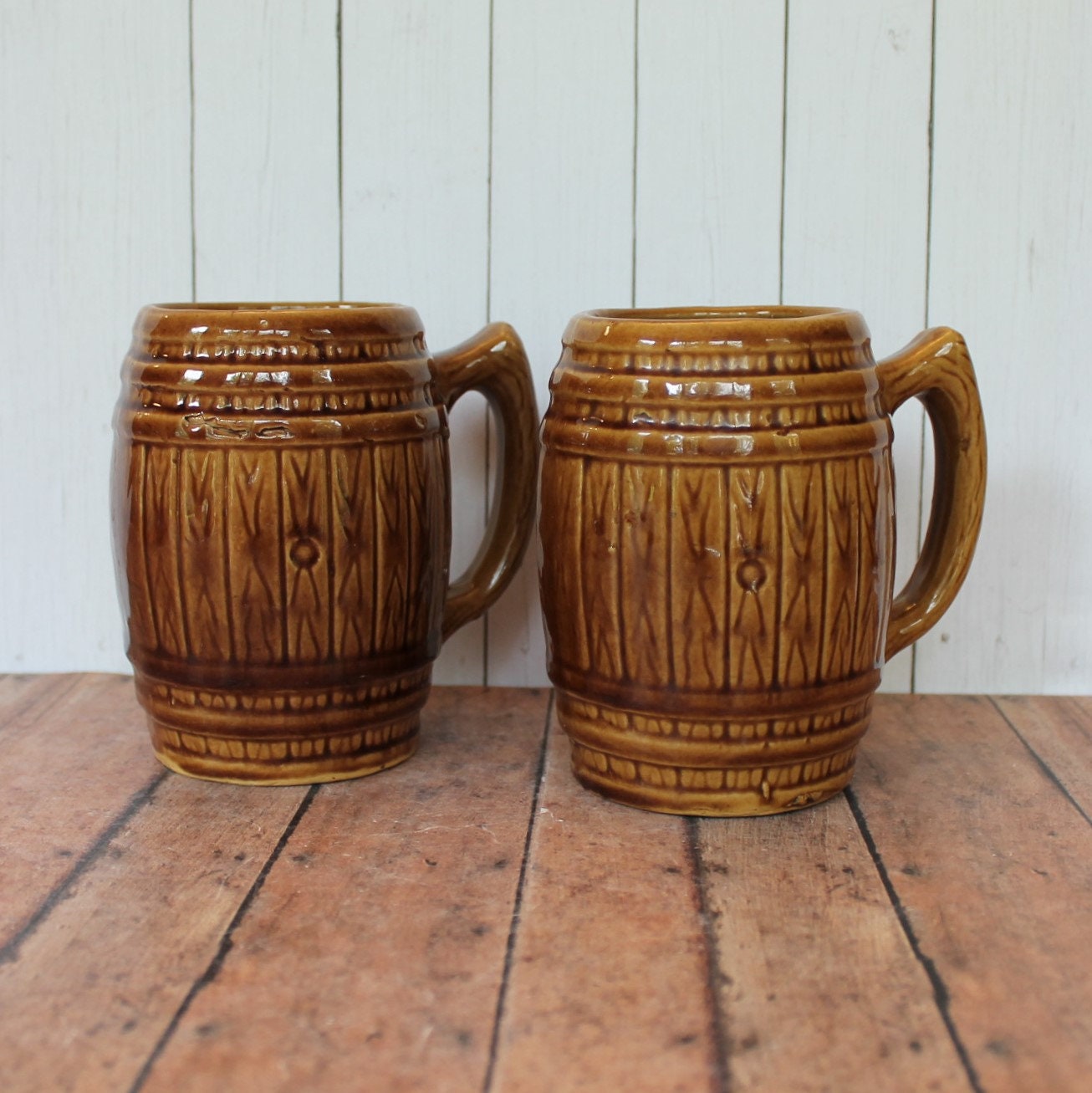 Vintage Ceramic Stoneware Barrel Mug Set of 2 Beer Stein Faux Wood ...