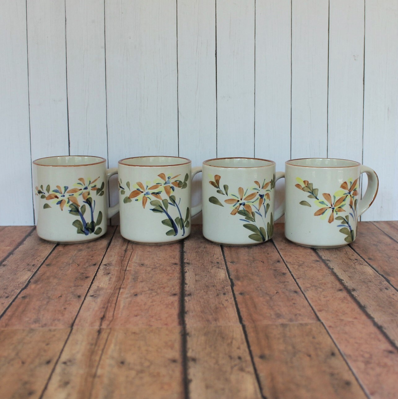 Vintage Korean Stoneware Mug Set of 4 with Brown Green Yellow Abstract ...