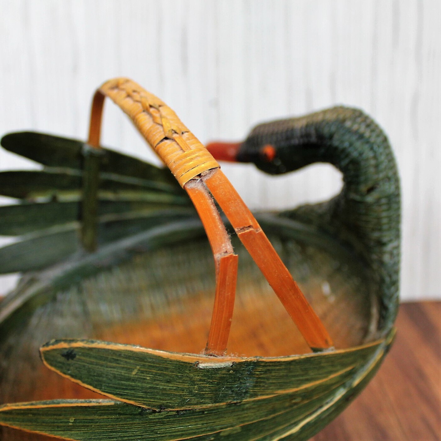 Vintage Green Wicker Swan Duck Basket with Handle Woven and Wood Animal ...
