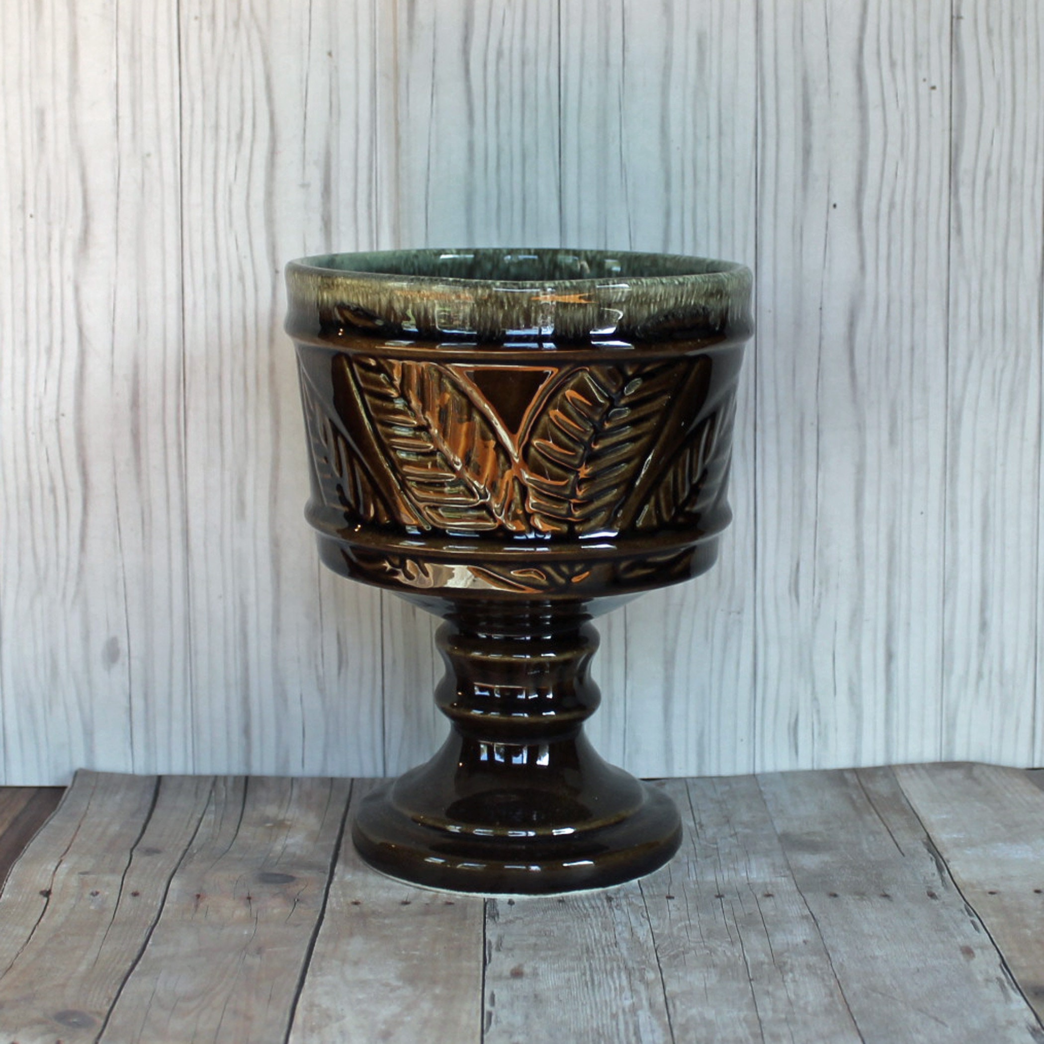 Vintage HULL POTTERY Footed Pedestal Planter Green Drip with Leaf ...